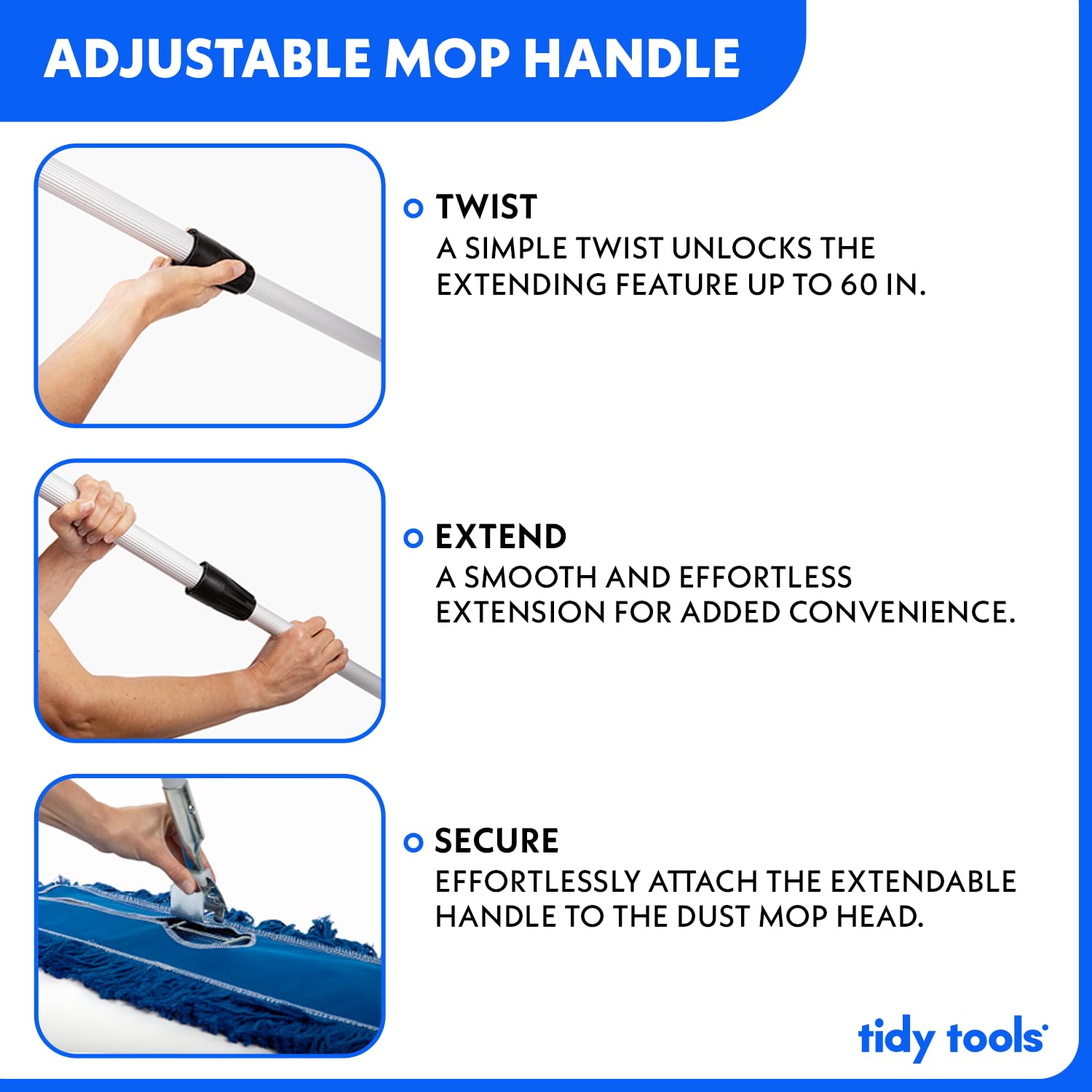 Tidy Tools Commercial Dust Mop & Floor Sweeper, 60 in. Dust Mop for Hardwood Floors, Cotton Reusable Dust Mop Head, Extendable Handle, Industrial Dry Mop for Floor Cleaning & Janitorial Supplies, Blue