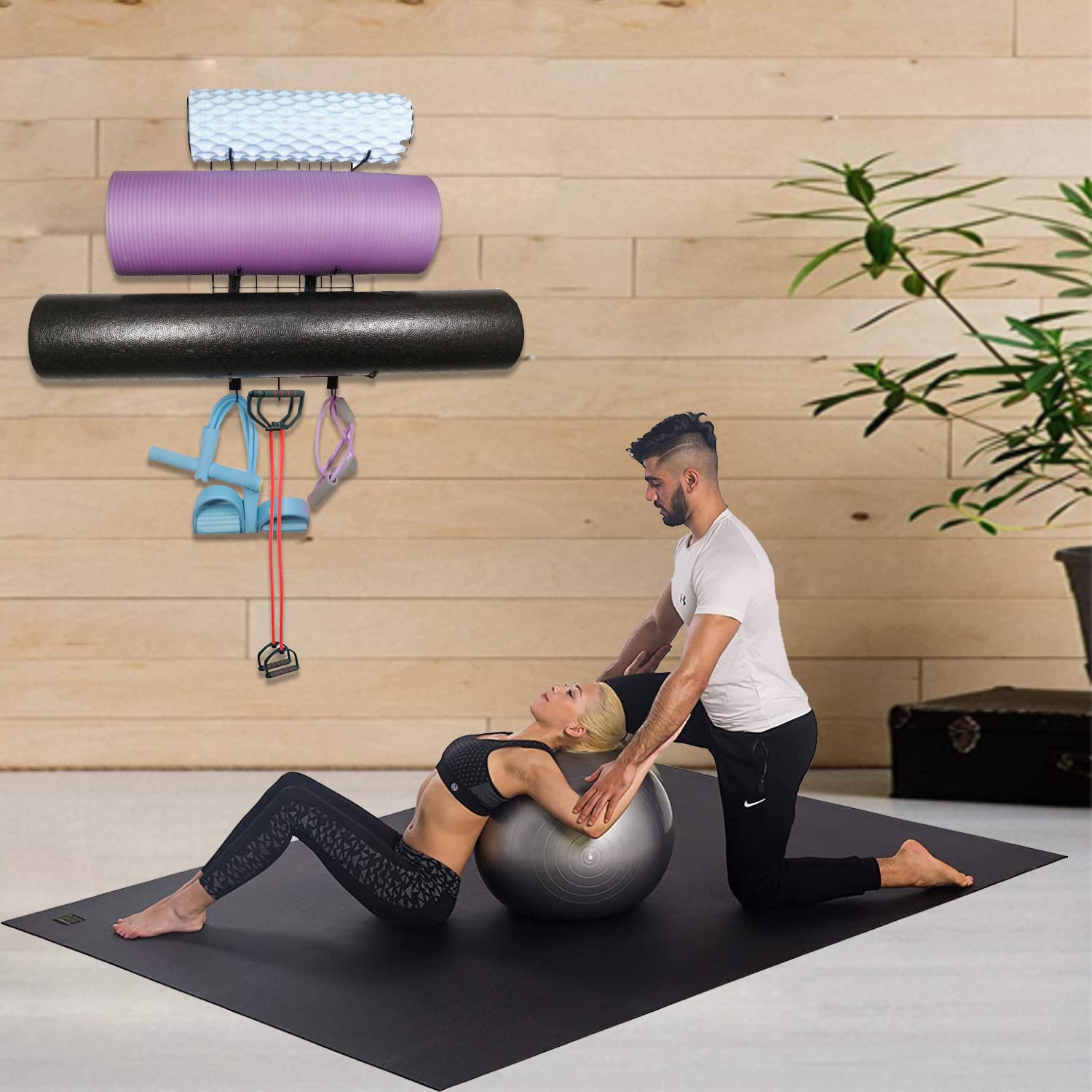 Yoga Mat Holder Wall Mount Yoga Mat Rack Foam Rollers Holder, Adjustment Spacing Exercise Equipmen with 3 Hooks for Hanging Yoga Strap Resistance Bands Ropes