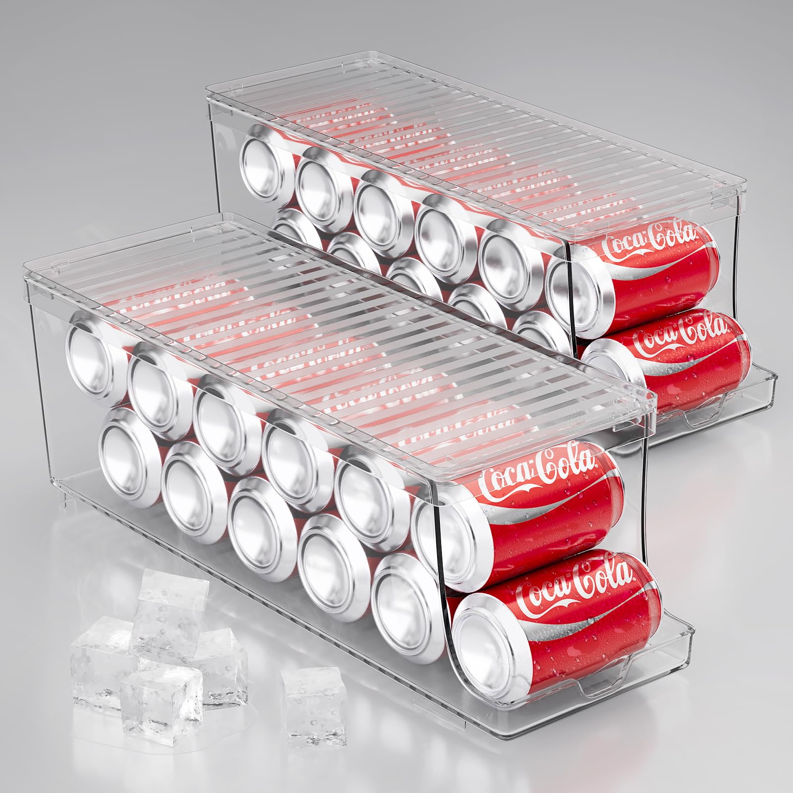 TCHCWYS 2 Pack Clear Stackable Soda Can Organizer with Lids, Refrigerator Organizer Bins, Can Holder Dispenser for Refrigerator, Pantry, and Cabinets, BPA-Free, Holds 12 Cans Each (2)