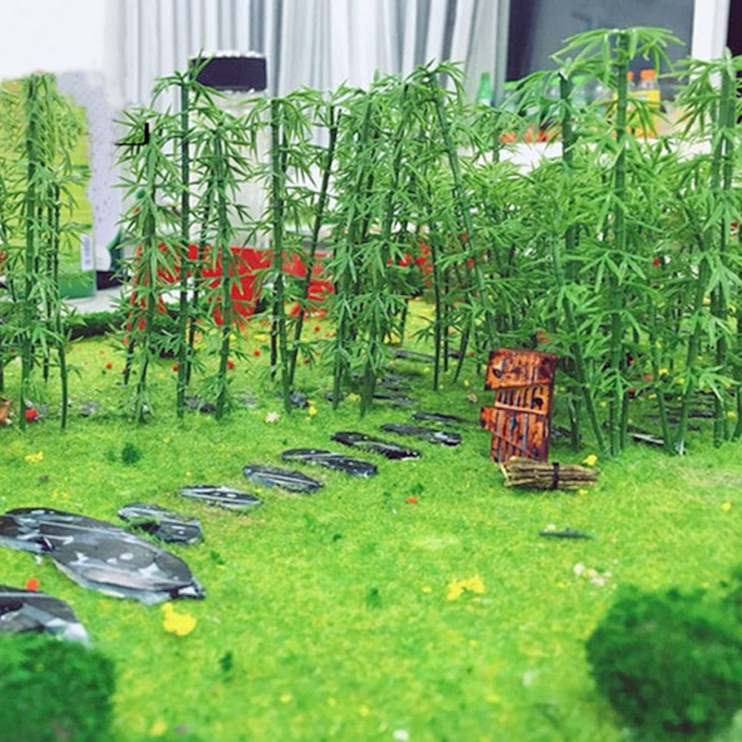 Woohome Miniature Bamboo Trees, 60 PCS Model Bamboo Trees Landscape Bamboo Tree and 2 PCS Fake Moss Rocks Decorative Moss Balls Model Artificial Plants for Home Decoration, Fairy Gardens