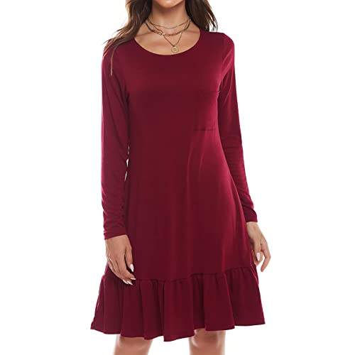 Women Ruffle Dress Loose Splicing Long Sleeve A-Line Dress Solid Color Round Neck Stretch Dress with Pockets