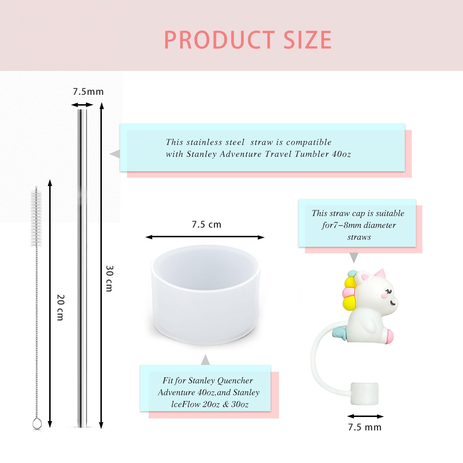 Stanley Cup Accessories 40 oz, 16Pcs Reusable 40 oz Stanley Cup Accessory Kits, 5 Stainless Steel Straws With 1 Clean Brush,5 Straw Covers, 1 Silicone Bottom Sleeve,4 Silicone Leak Proof Stoppers