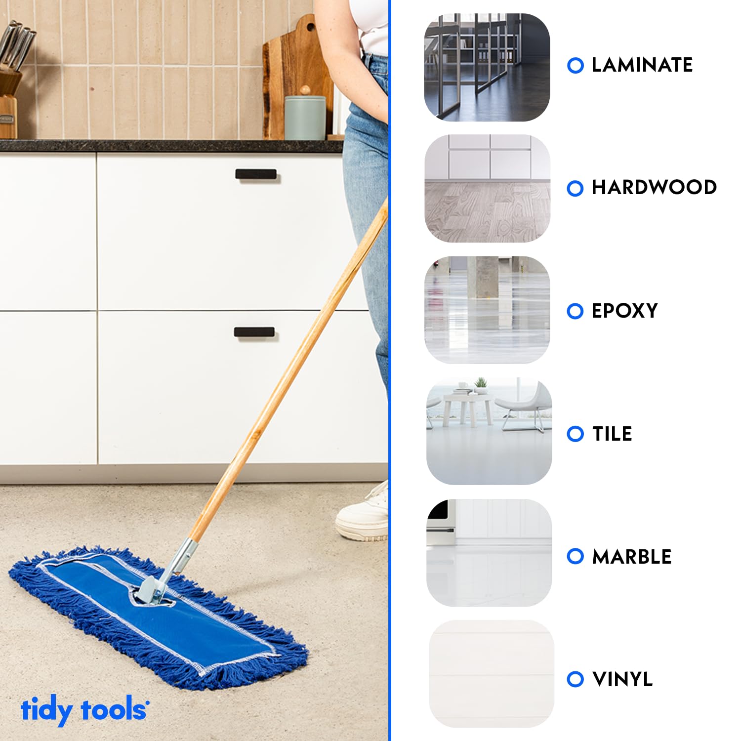 Tidy Tools Commercial Dust Mop & Floor Sweeper β 24 x 5 in. Cotton Nylon Reusable Mop Head, 63 in. Wooden Broom Handle β Industrial Dust Mops for Floor Cleaning & Janitorial Supplies, Blue