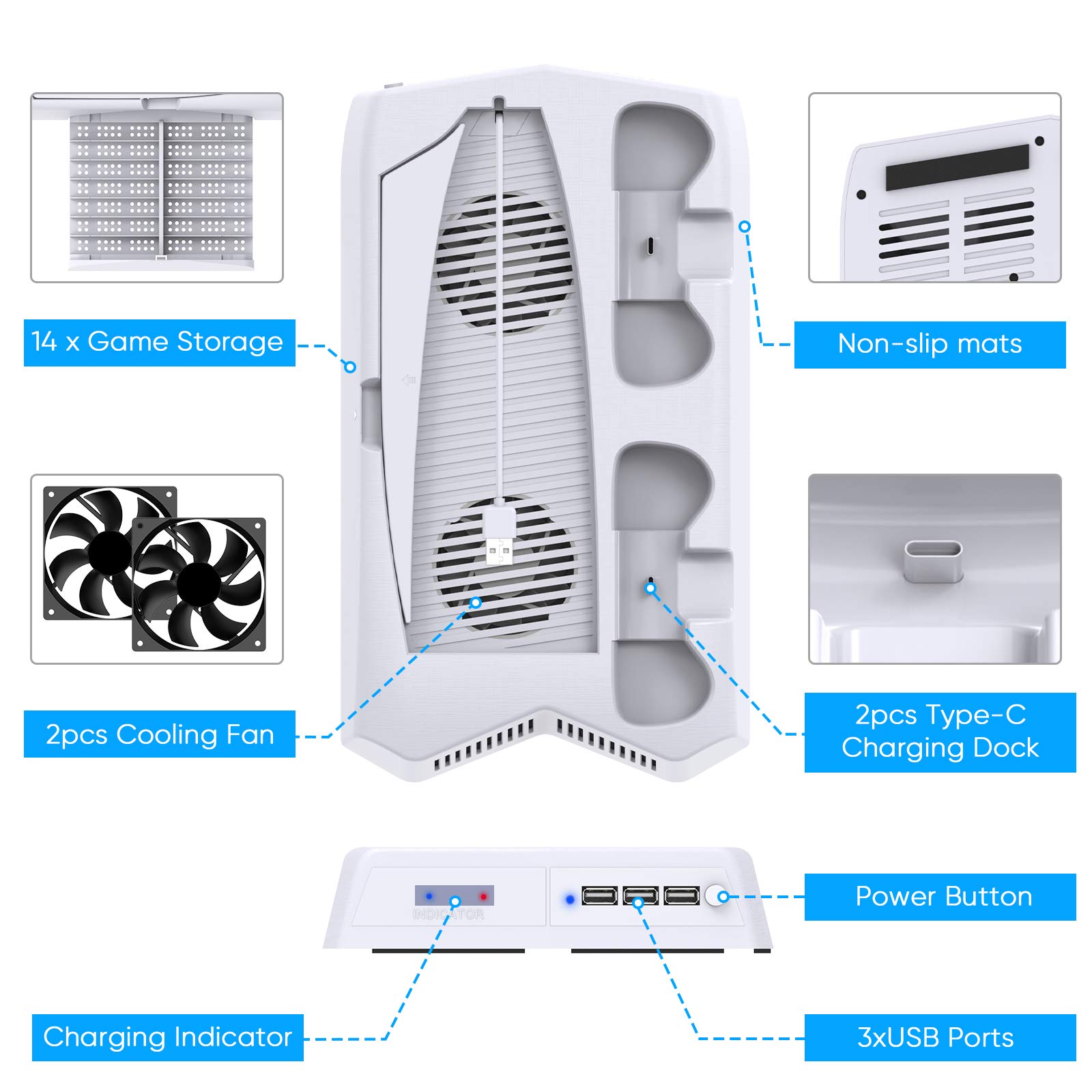 Vertical Stand for PlayStation 5 with Cooling Fan Charging Station for PS5 Digital Edition/Ultra HD Console with Controller Charger Game Rack Storage Organizer USB Ports for PS5 and DualSense-White