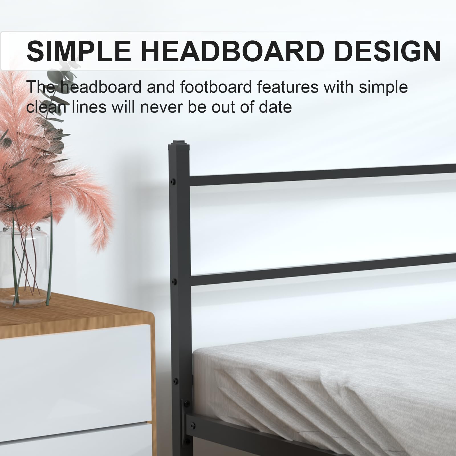 REGOSS Queen Bed Frame with Headboard, 11 Inch Heavy-Duty Metal Bed Frame with Storage and Anti-Slip Strap, Noise Free Bed Frames Features Sturdy Metal Slats, No Box Spring Needed, Easy Assembly