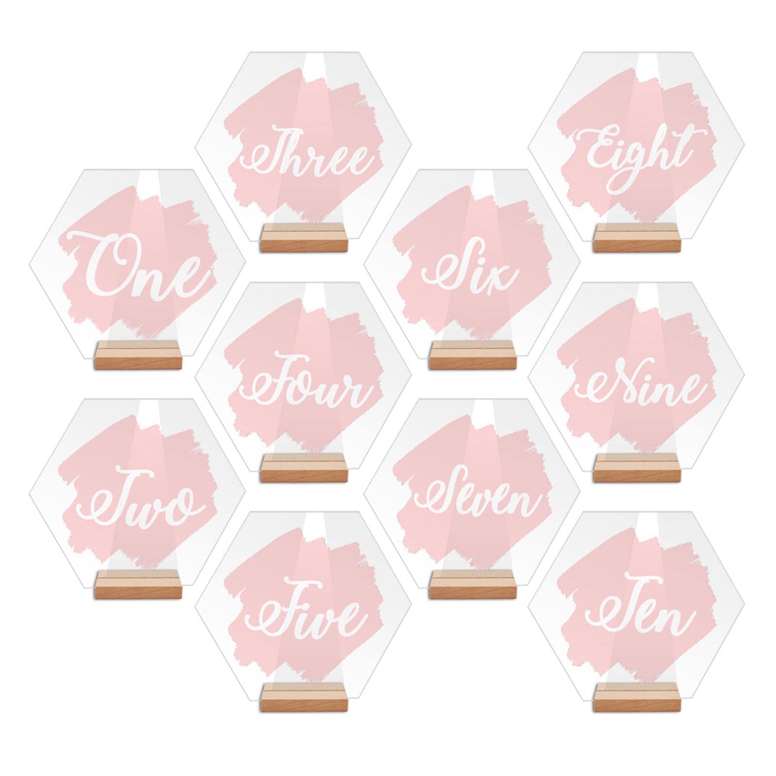 Saycker Acrylic Table Numbers 1-10, Table Numbers for Wedding Reception with Stands, Clear Reserved Table Signs Wedding Signage, Table Numbers for Centerpiece Decoration, Event, Party(Pink)