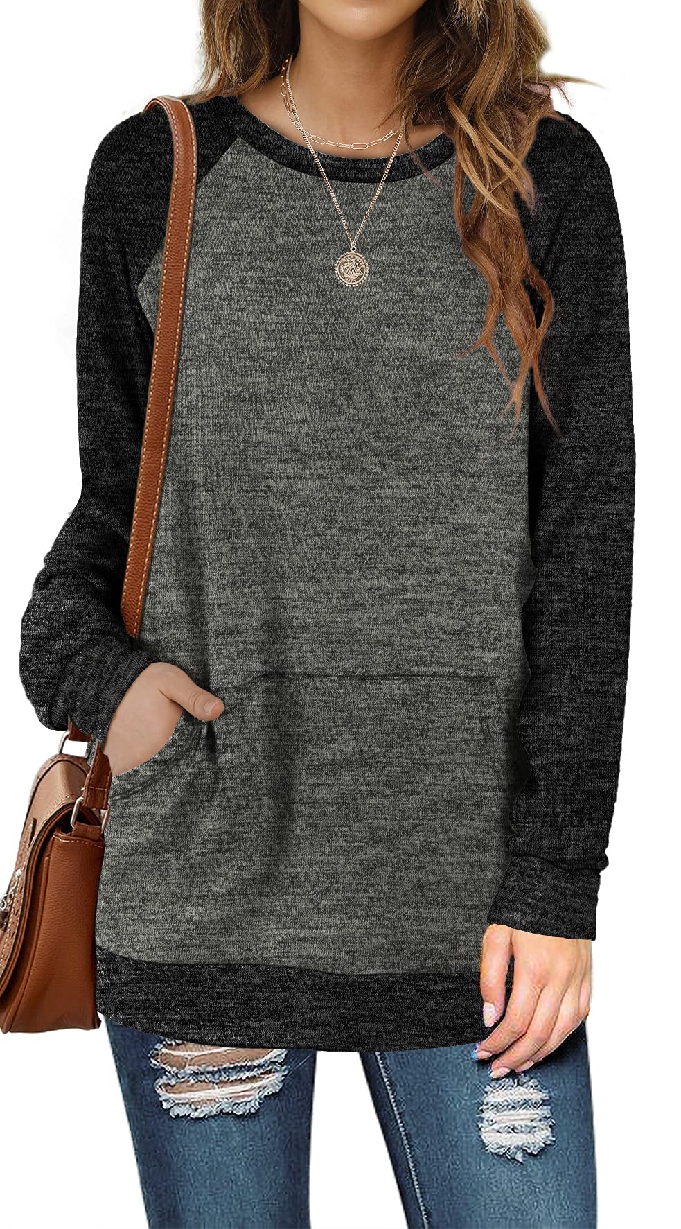 Tunic Sweatshirts for Women, Loose Long Sleeve Tunic Tops with Pockets Dark Gray L