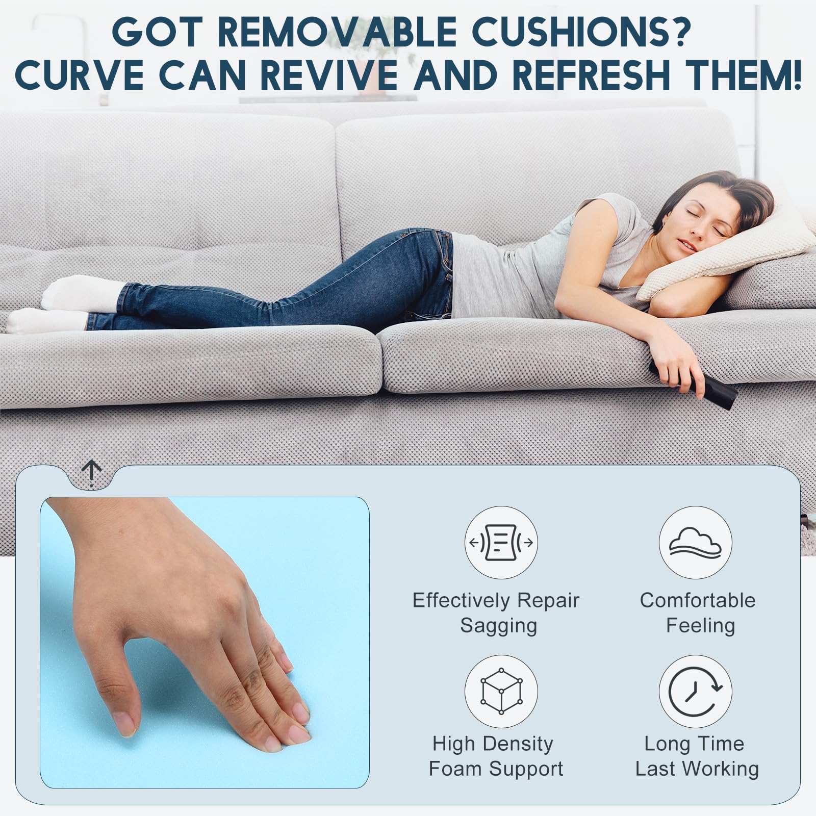 Thyle 3 Pcs Couch Sofa Cushion Support for Sagging Seat 20'' x 20'' x 2'' Replacement Couch Cushions High Density Foam Curve Under Couch Cushion Filling Furniture for Loveseat Chair