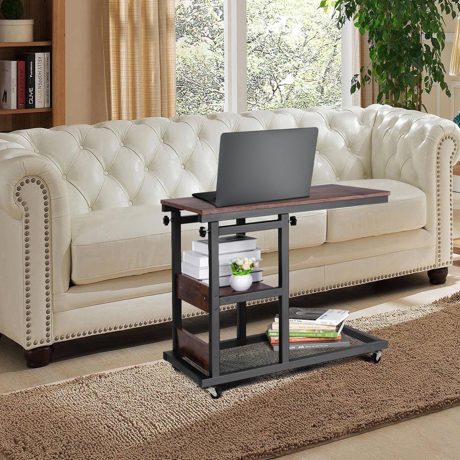 RUNTOP Height Adjustable Side Table, C Table with Wheels, Mobile Couch Snack Side Table, Sofa Bedside Laptop Stand C Shaped End Table TV Tray with Storage Shelves for Bed, Living Room, Bedroom, Brown
