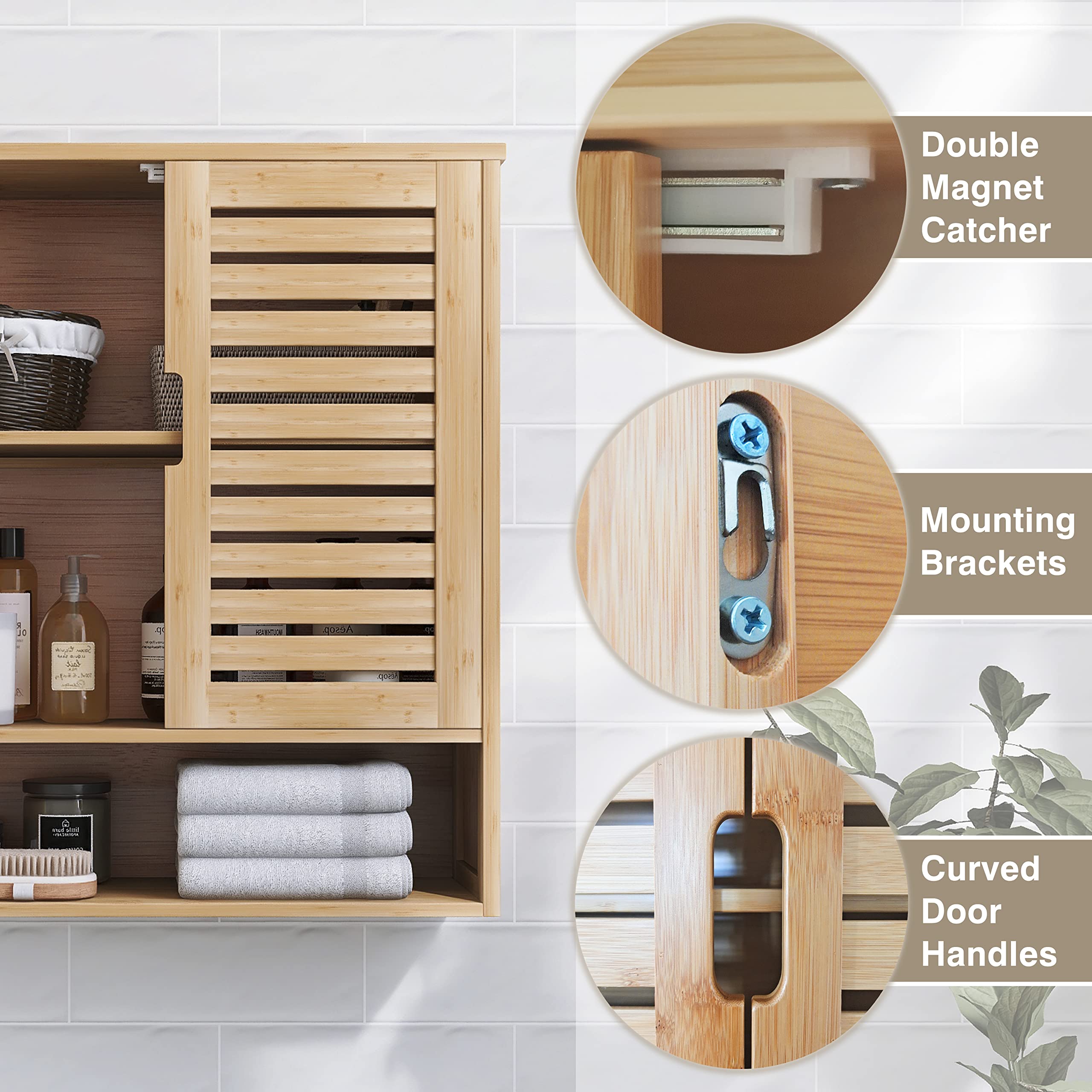 SMIBUY Bathroom Cabinet Wall Mounted, Bamboo Over-The-Toilet Storage Organizer, Space Saver Medicine Cabinet with 2 Door and Adjustable Shelves (Natural)