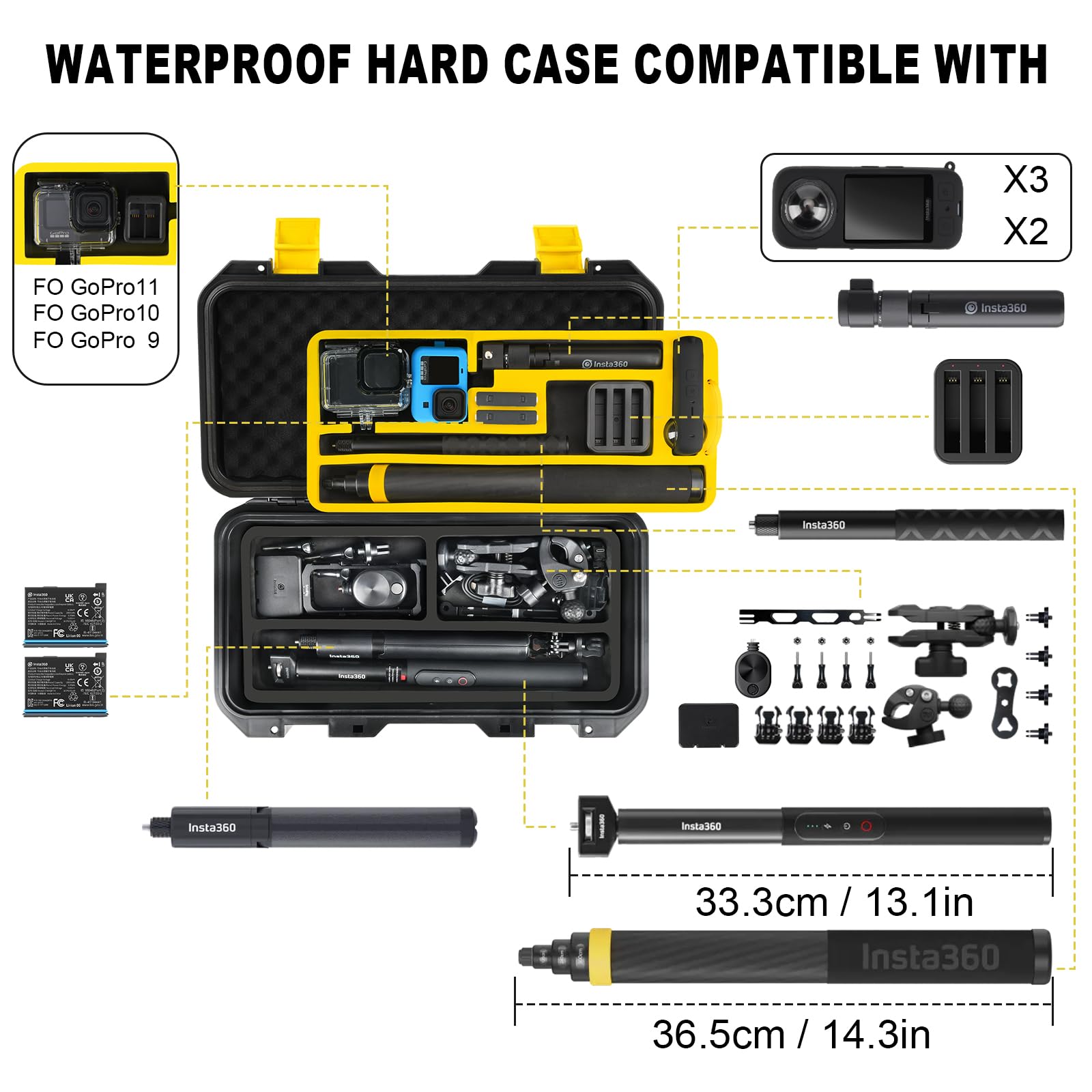YETEETH Dual Laye Waterproof Hard Case for Insta360 X3 / Insta360 ONE X2, Carrying Case Compatible with Insta360 X3 / Insta360 ONE X2/ Go Pro Hero 11/10 / 9 Action Camera and More Accessories