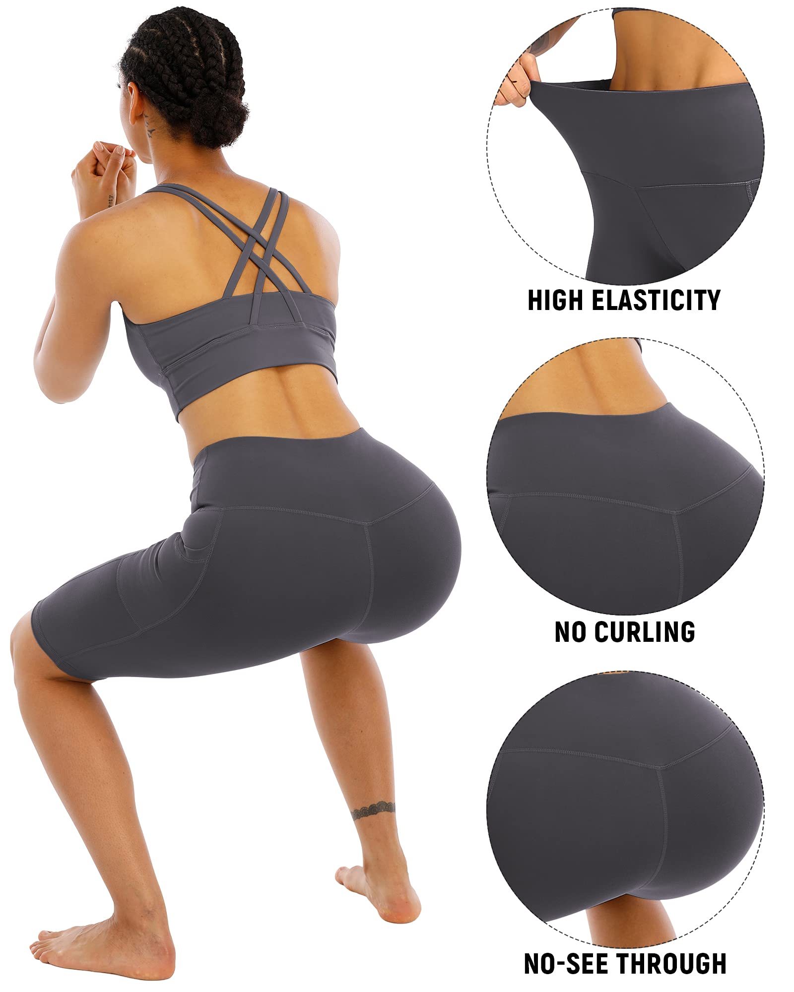 WHOUARE 4 Pack Biker Yoga Shorts with Pockets for Women,High Waisted Athletic Running Workout Gym Shorts Tummy Control,Black,Army Green,Navy,Dark Gray,M