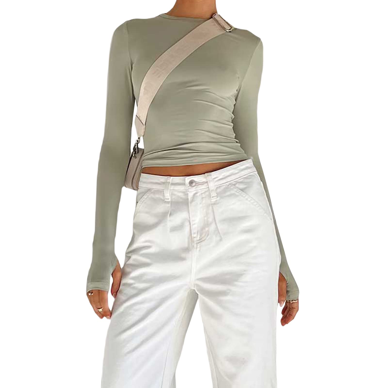 Women Slim Workout Shirt Top Long Sleeve Crewneck Skinny Athletic Top Solid Yoga Basic Crop Tee Tops (Thumble Hole Green,Small)