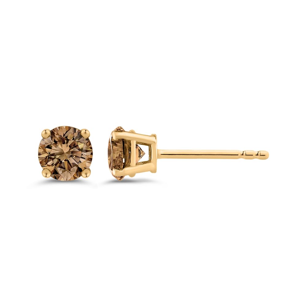 Round Brilliant Cut Brown Diamond Earring Studs in 14K Yellow Gold (1/2 cttw)
