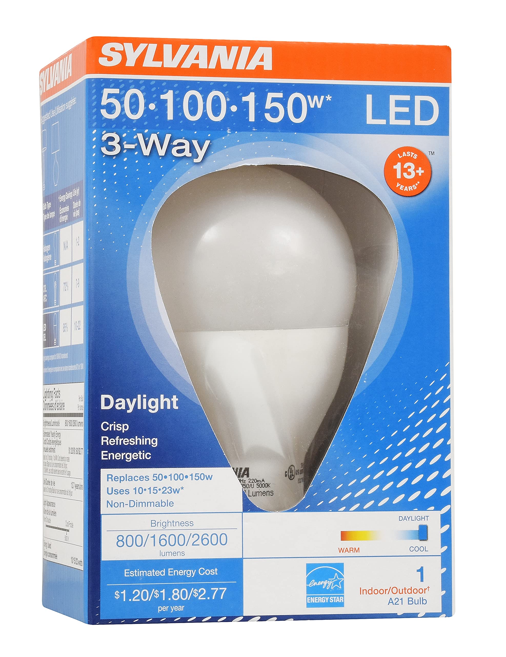 SYLVANIA A21 LED Light Bulb, 3 Way, 50W/ 100W/ 150W, 13 Year, Non-Dimmable, Up to 2600 Lumens, 5000K, Daylight - 1 Pack (79770)