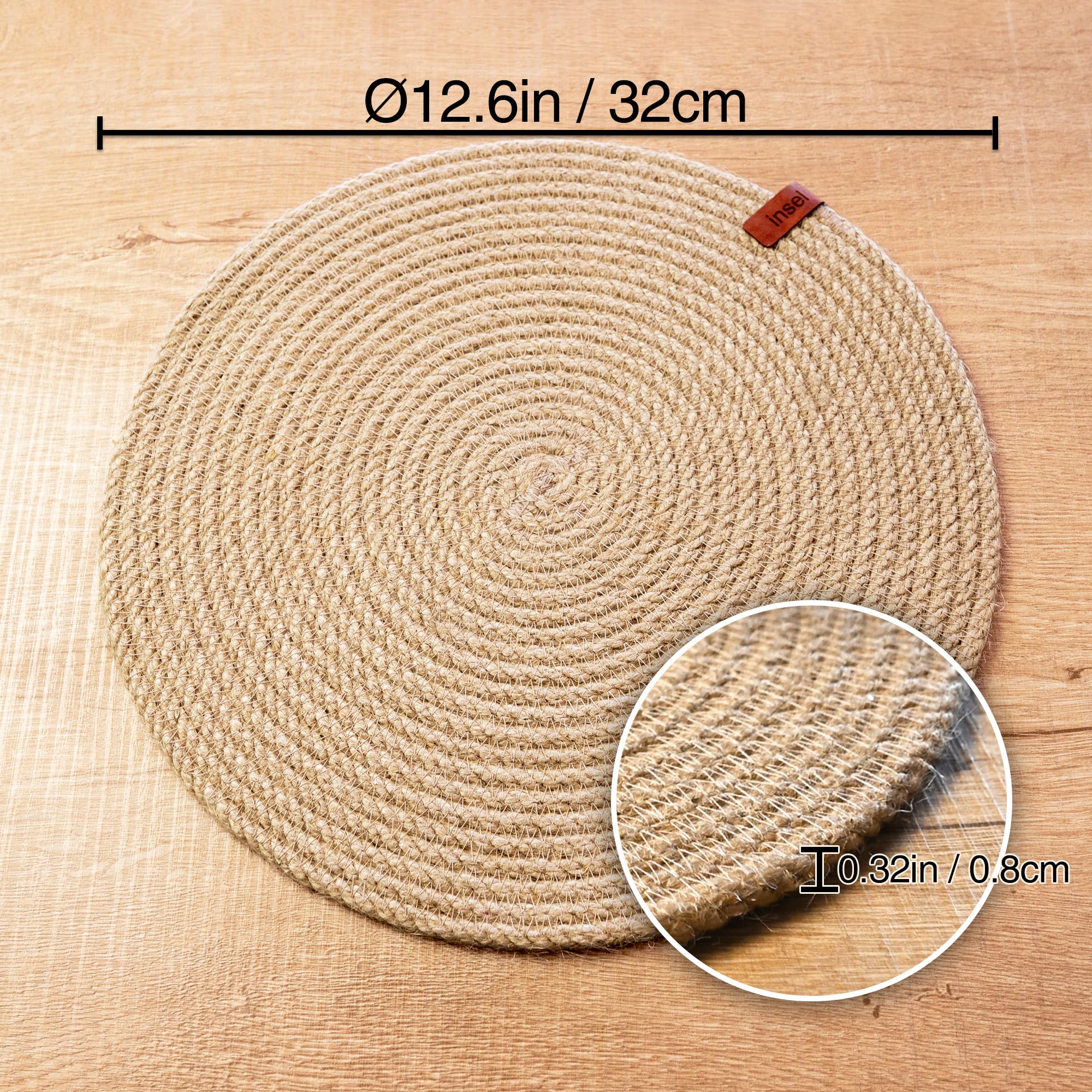 Round Placemats Set of 4, Handmade by Braided Natural Jute for Kitchen and Dining Table, Dia. 12.6 Inch, Doublesided, Heat Resistant, Light Brown