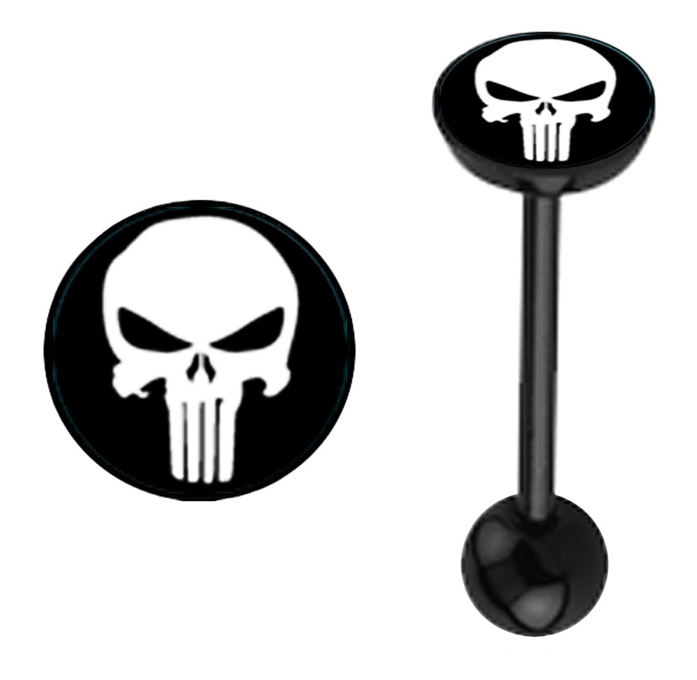 Punisher Skull Logo Flat top Black Bioflex Plastic Flexible Barbell Tongue Ring Piercing Jewelry bar - 14g