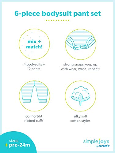 Simple Joys by Carter's Baby Boys' 6-Piece Bodysuits (Short and Long Sleeve) and Pants Set, Multicolor/Dinosaur/Rhino/Stripe/Text Print, 18 Months