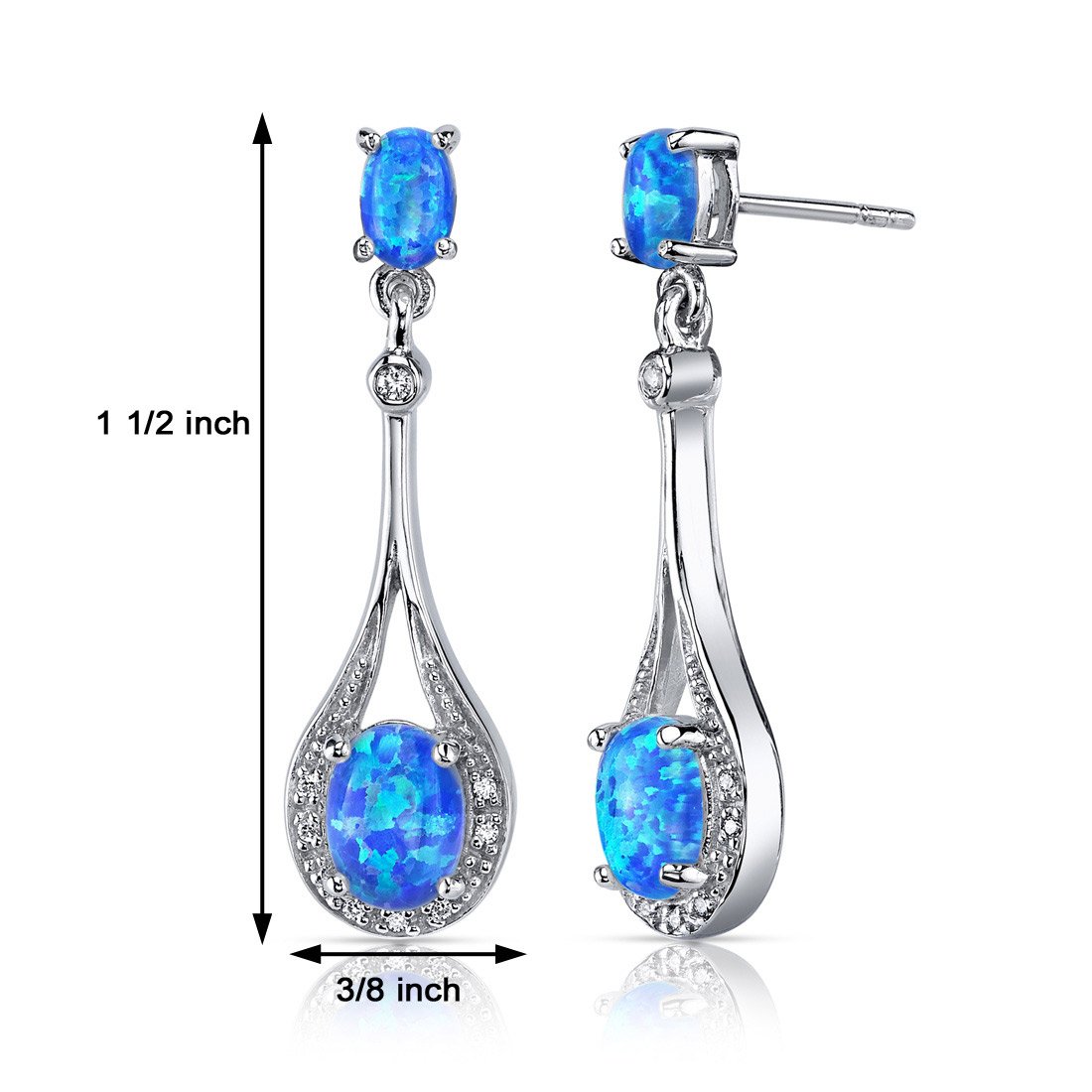 Peora Created Blue Fire Opal Dangle Earrings for Women Sterling Silver, Halo Drop Oval Shape, 3.50 Carats total, Hypoallergenic, Friction Backs