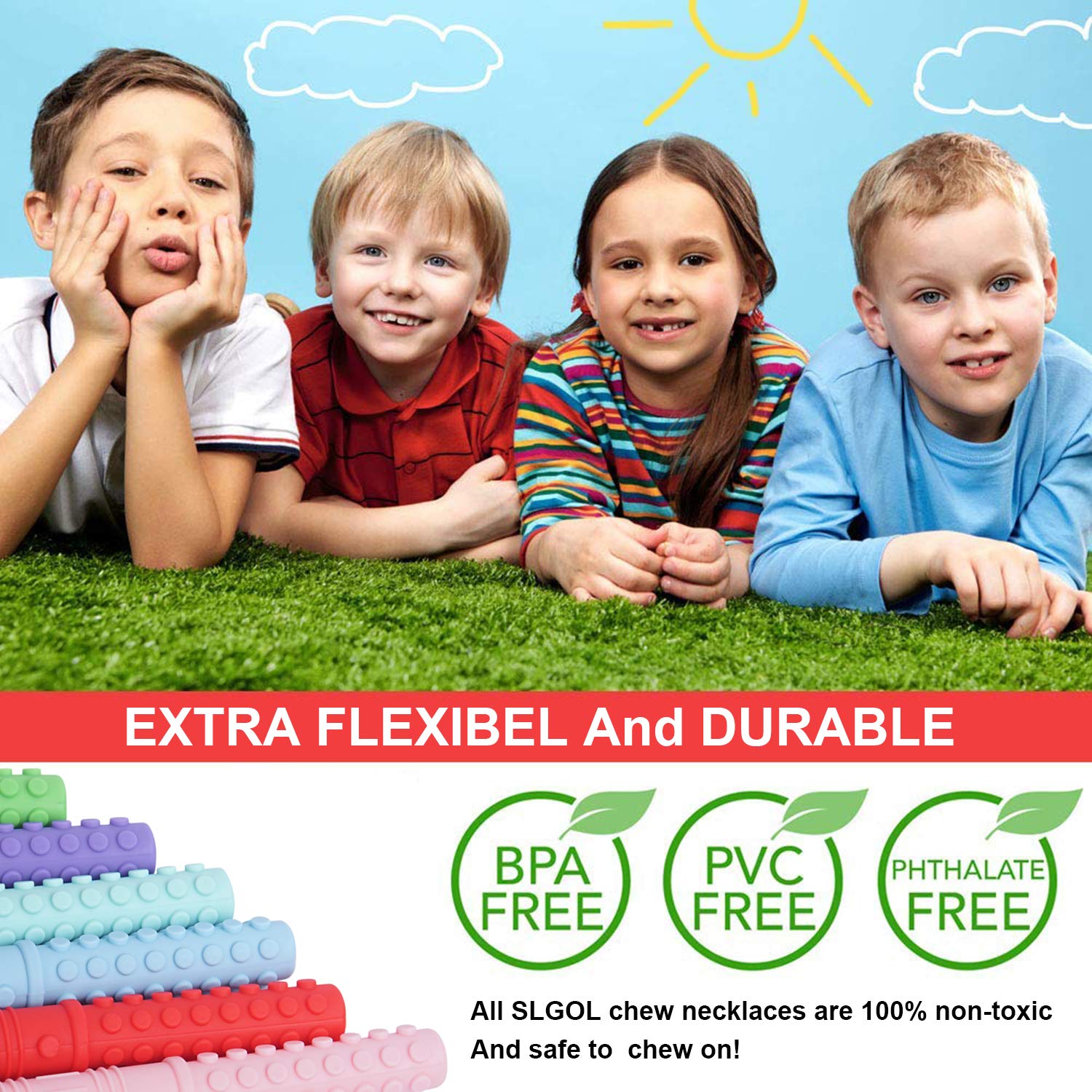 SLGOL Sensory Chew Necklace for Sensory Kids, 6 Pcs Bundle Oral Sensory Chew Toys,Chewing Pendant,Silicone Teether Chewing Necklace,Designed for Autism,Teething,ADHD,Biting,Oral Motor Teething Baby