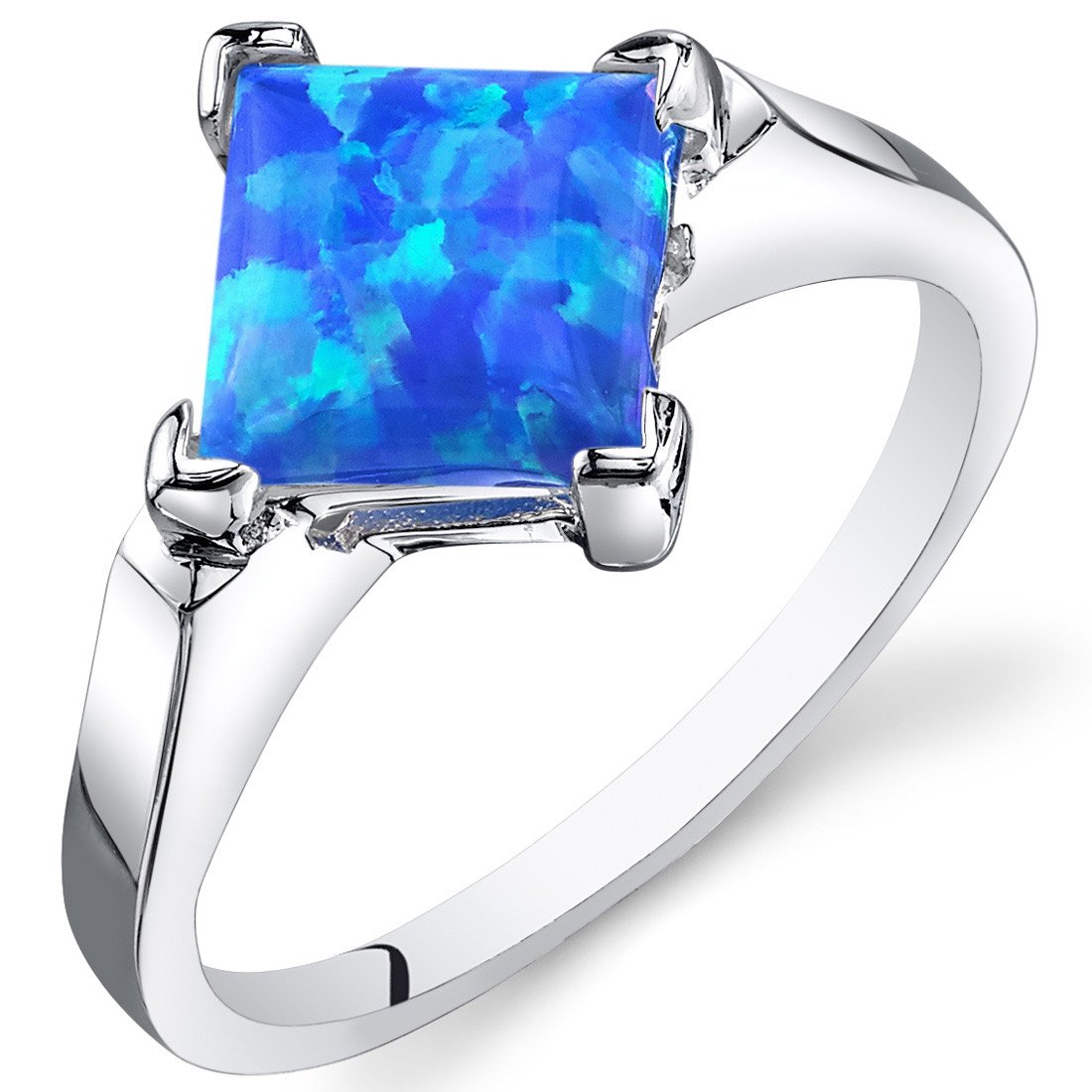 PEORA Created Blue Fire Opal Classic Solitaire Ring for Women 925 Sterling Silver, 1.50 Carats Princess Cut 7mm, Size 9