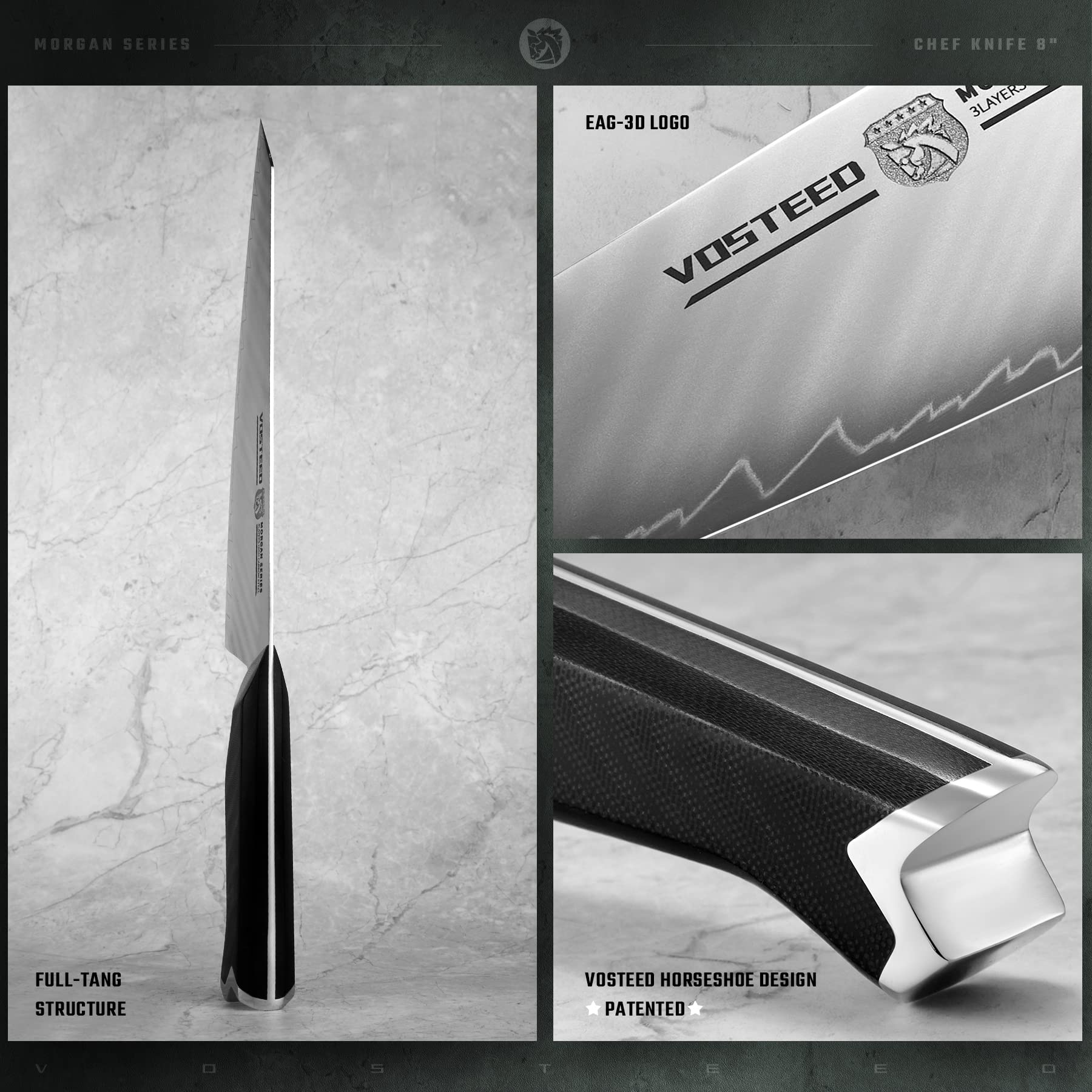 Vosteed 8 Inch Chef Knife Professional Cooking Knife For Kitchen Razor Sharp Kitchen Knife With Sheath-9CR18MOV High Carbon Stainless Steel Knife With G10 Handle, Gift Box - Morgan Series