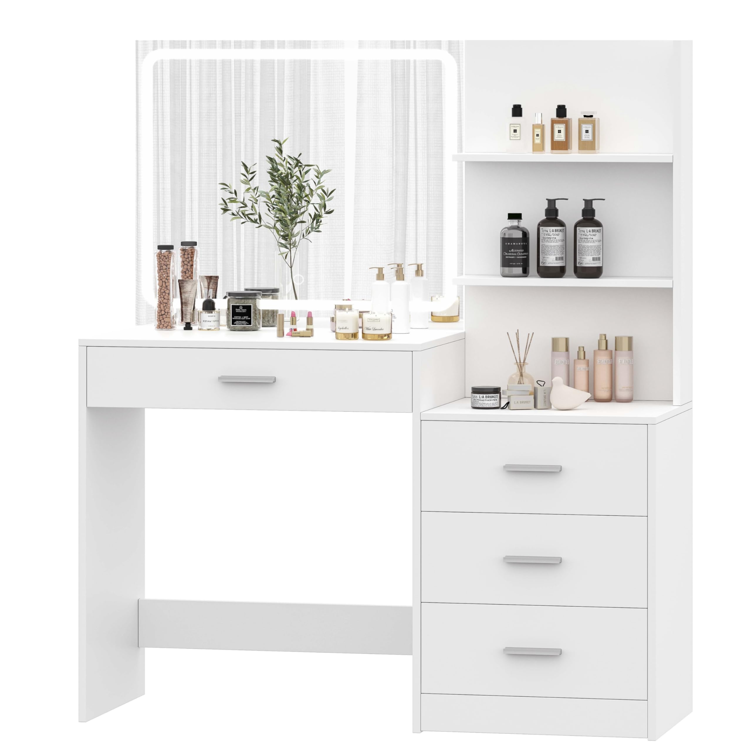 Rovaurx Makeup Vanity with 3-Color Dimmable Lighted Mirror, Large Vanity Table with Side Storage Shelf & 4 Drawers, Bedroom Dressing Desk, Brightness Adjustable, White RSZT107W