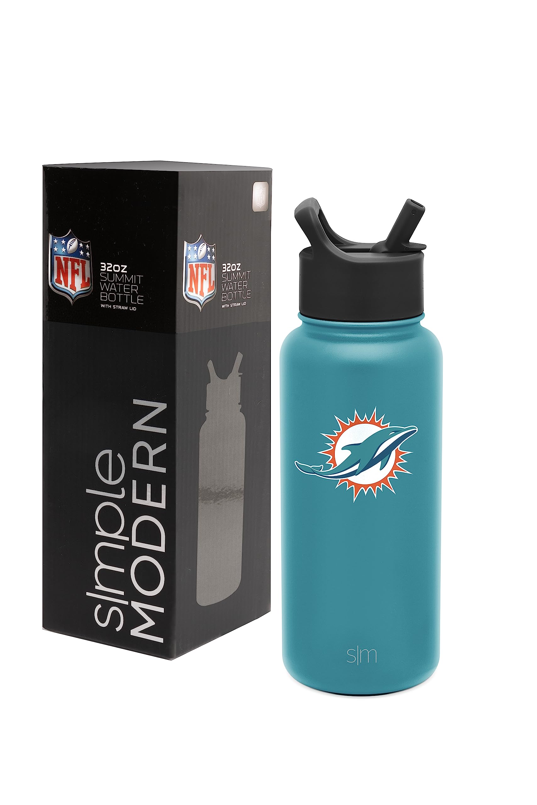 Simple Modern Officially Licensed NFL Miami Dolphins Water Bottle with Straw Lid | Vacuum Insulated Stainless Steel 32oz Thermos | Summit Collection | Miami Dolphins