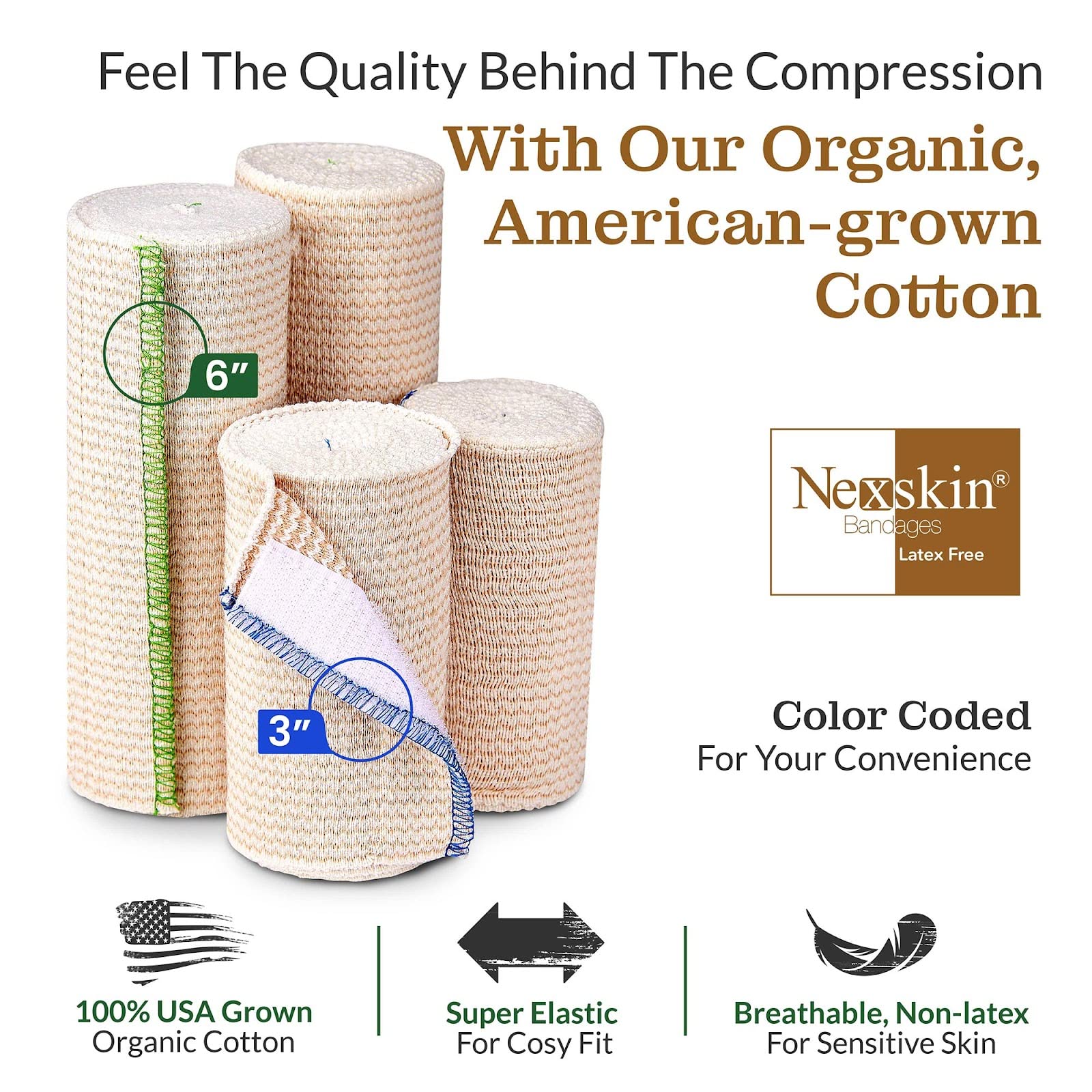 Premium Elastic Bandage Wrap (6” Wide, 2 Pack) - Nexskin Latex Free Athletic/Medical Compression Bandages Hook & Loop Fasteners at Both Ends - Lifetime Washable & Reusable USA Grown Cotton Bandage