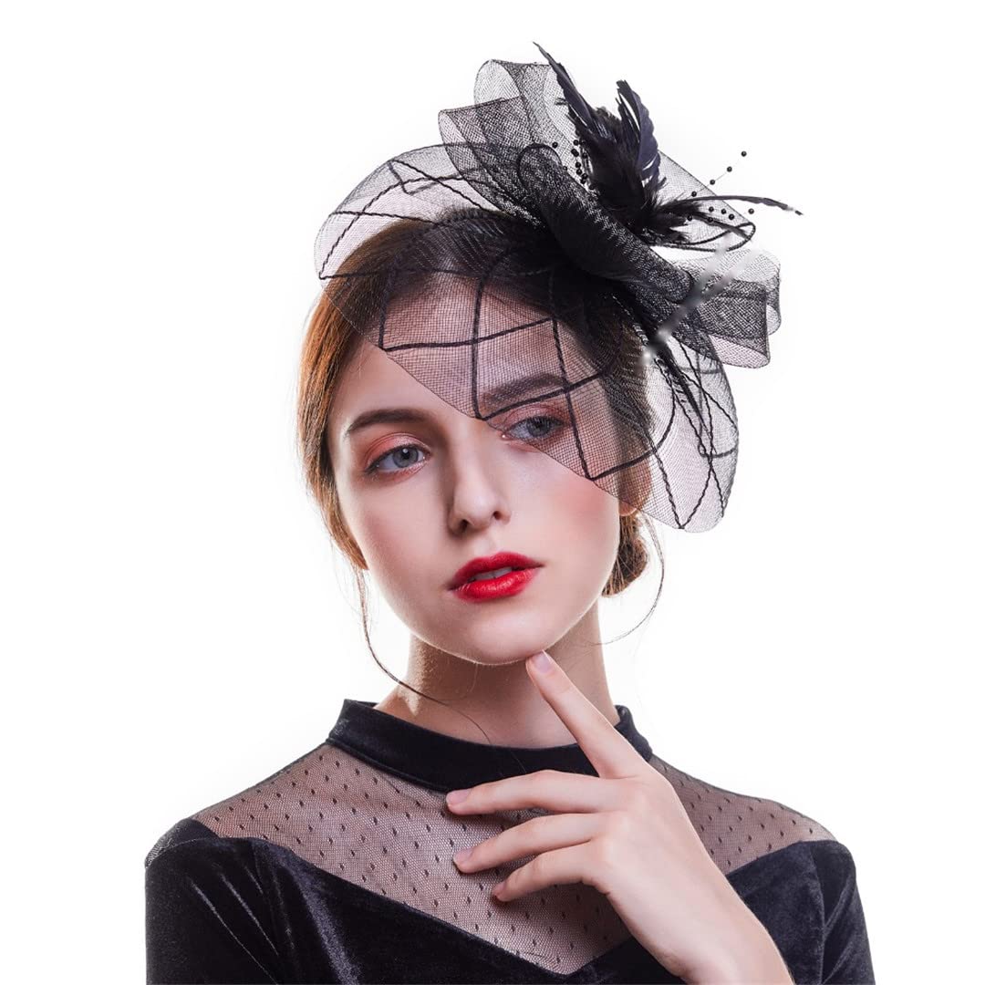 Women Fancy Feather Hats Black Birdcage Veil Wedding Hats and White Net Hair Accessories Black
