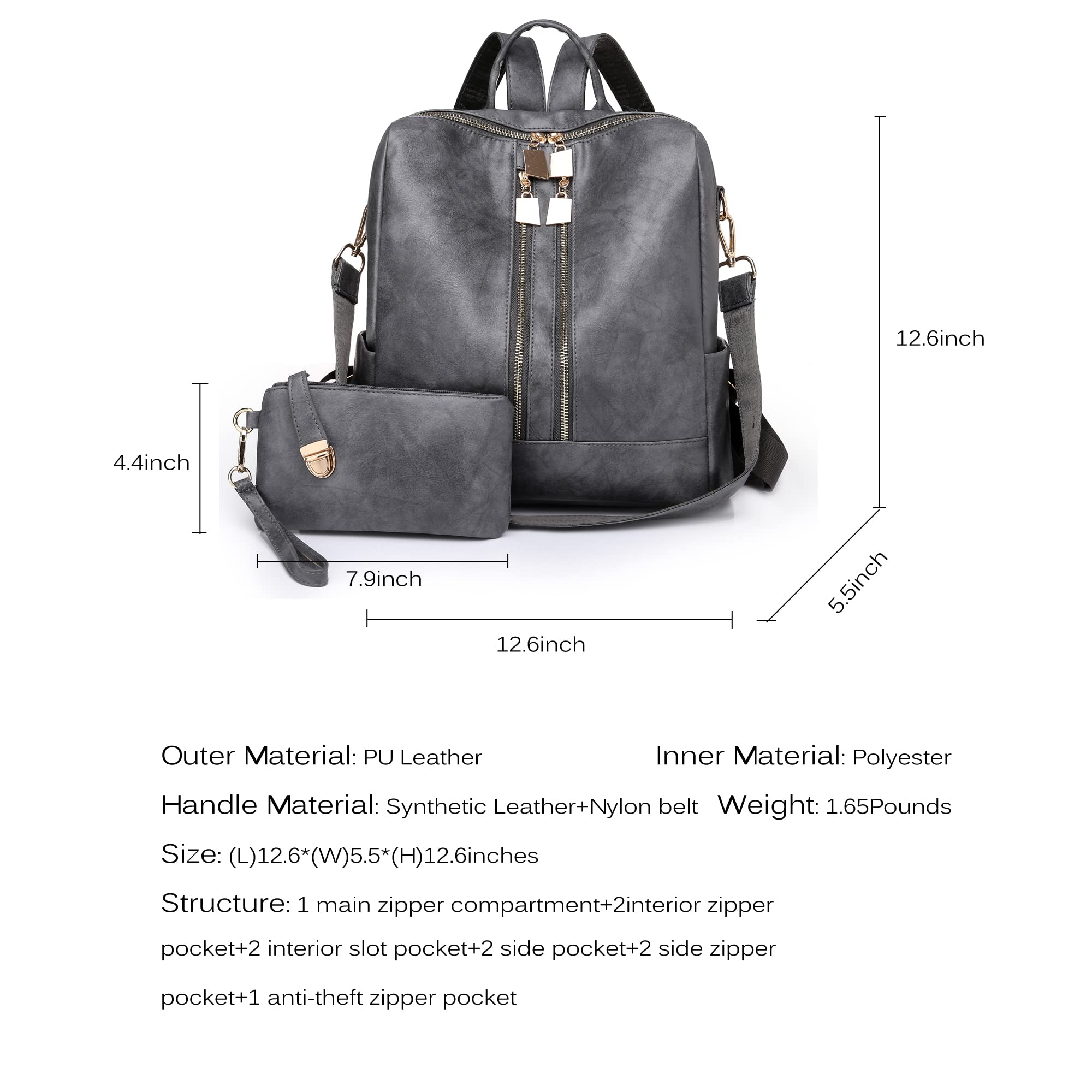 Women Fashion Backpack Purse,Leather Multipurpose Design Rucksack,Convertible Shoulder Bag Handbag with Wristlet (Grey1)