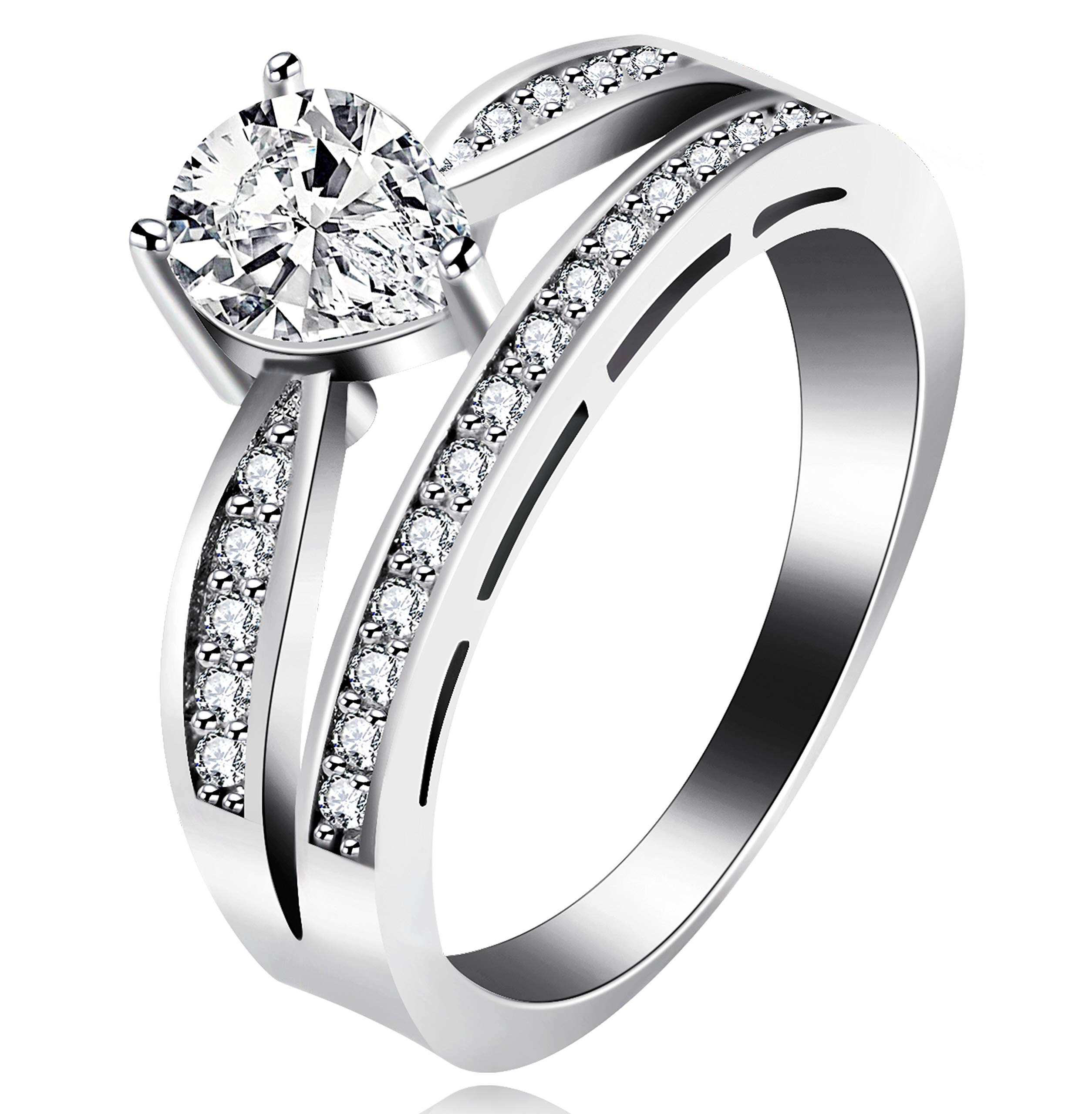 Uloveido Pear Cut Simulated Diamond Stack Rings with Micro Pave AAA Cubic Zirconia Eternity Band Wedding Jewelry Women Y457 (White, 6)