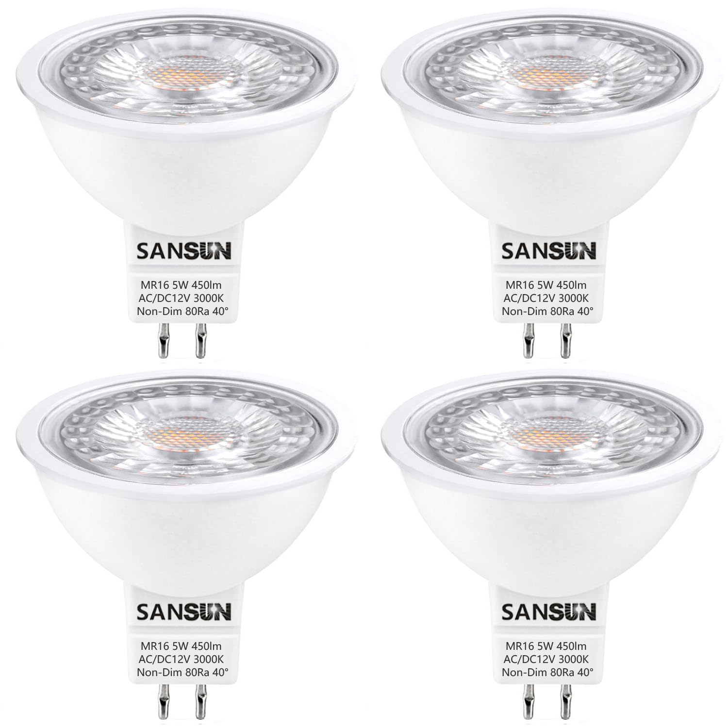 SANSUN 5W MR16 LED Landscape Light Bulbs, Low Voltage 12V 50W Halogen Replacement for Outdoor Landscape Spotlight and Indoor Track Light, GU5.3 Bi-Pin Base, Soft White 3000K, Non-Dimmable, (Pack of 4)