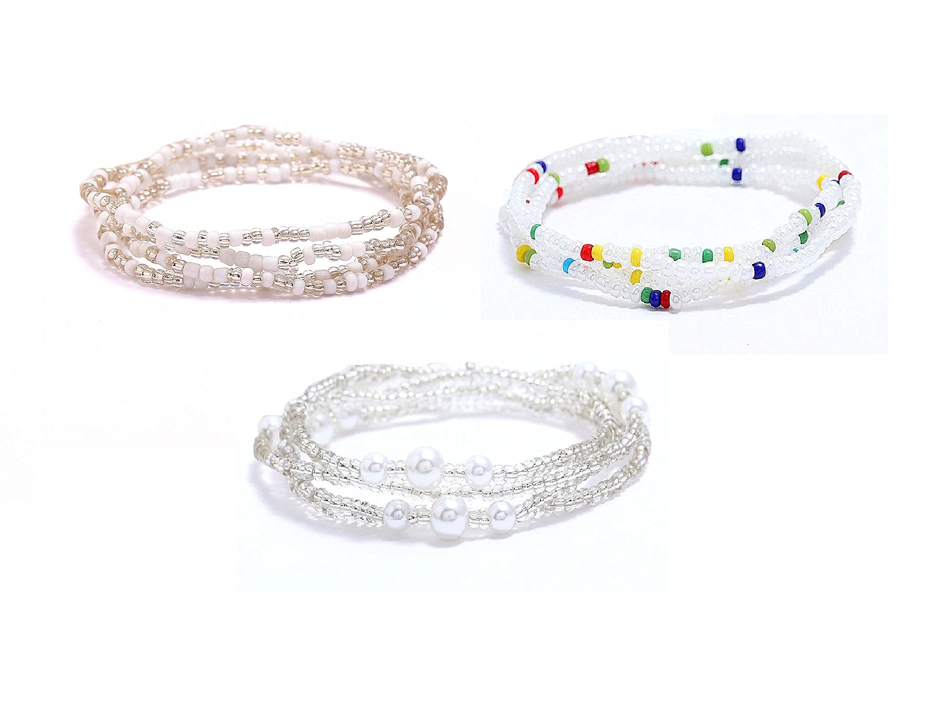 tenghong2021 3 Piece Waist Beads Chains Set Colorful Summer African Belly Chain Elastic Waist Beads for Weight Loss Body Chains Bikini Beads Jewelry for Women-White