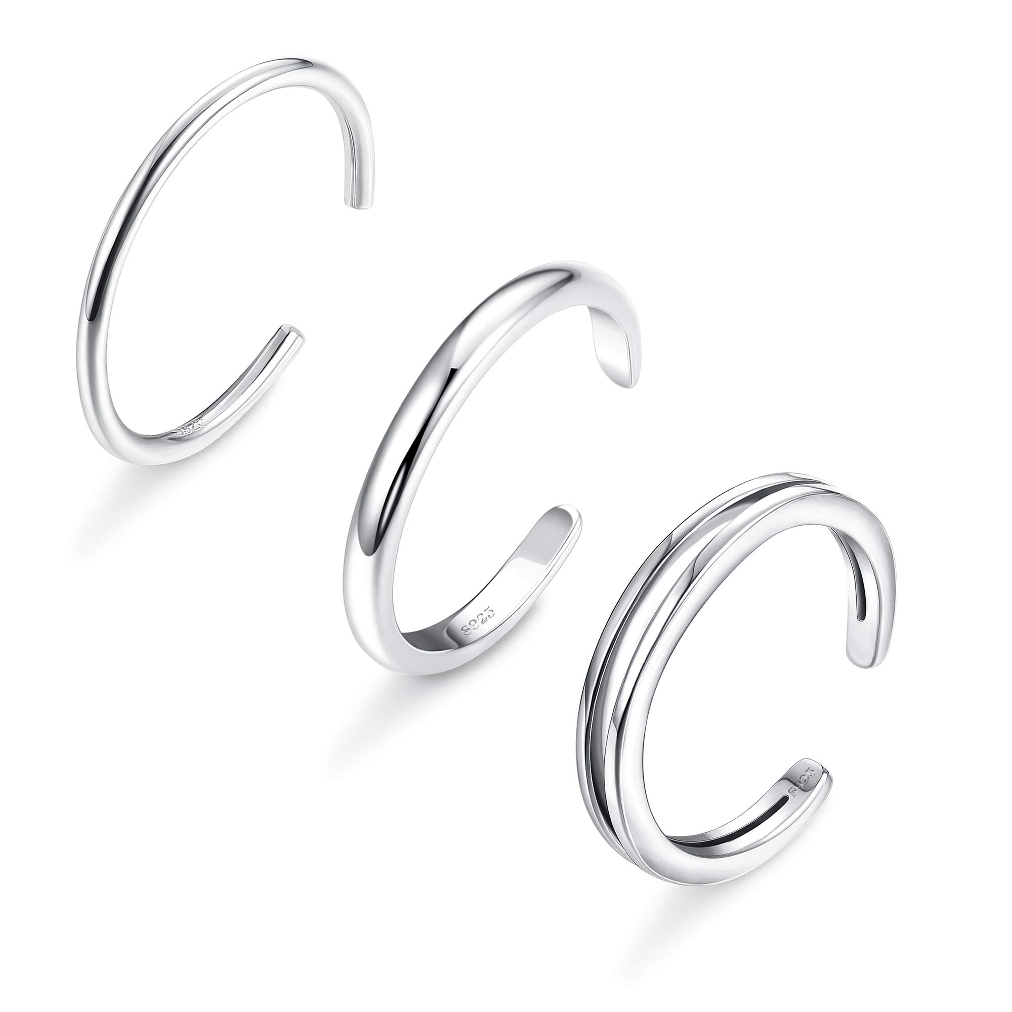 Sllaiss 3PCS 925 Sterling Silver Toe Rings for Women Girls Simple Open Thin Band Ring Adjustable