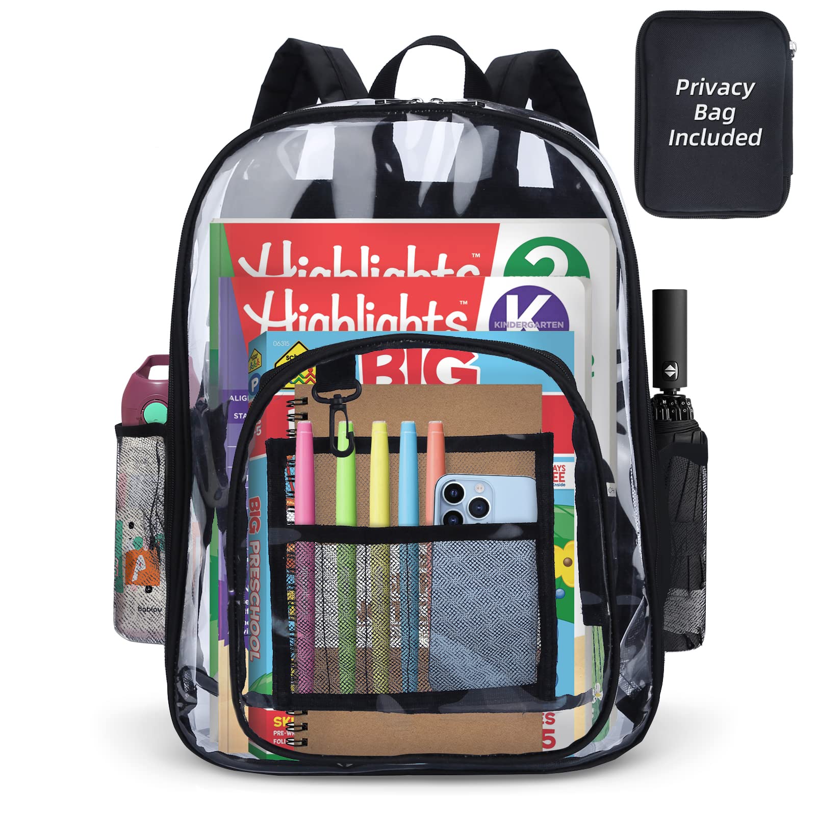 WQSS AOEIU Clear Backpacks for School Heavy Duty Clear Backpack Stadium Approved Transparent Backpack See Through Plastic Bookbag for Kids Boy Girls (Black)