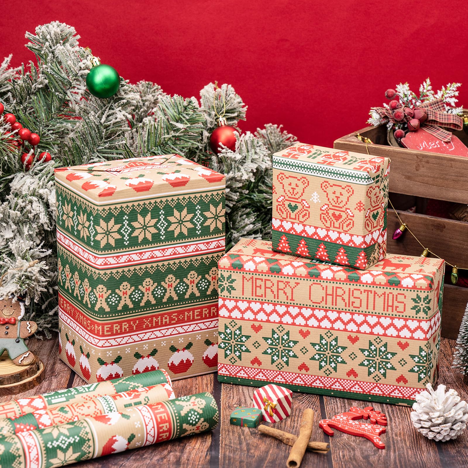 RUSPEPA Christmas Wrapping Paper Rolls - 17 inches x 10 feet per Roll, Total of 3 Rolls - Red and Green