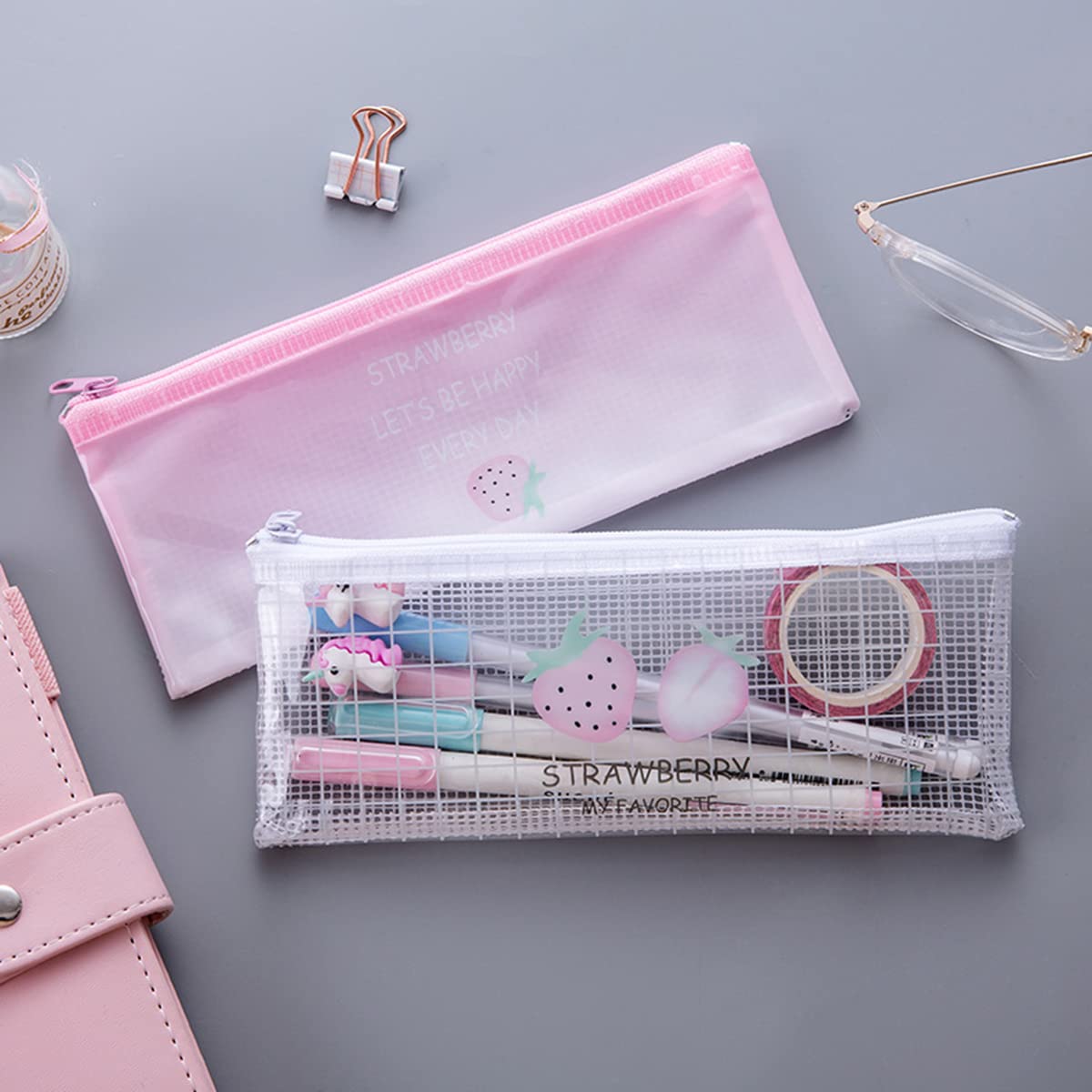 RUSUO PVC Bag, Mini Cute PVC Pen Pencil Bag Cartoon File Folder Cosmetic Mesh Pouch Organizer with Zipper for s s