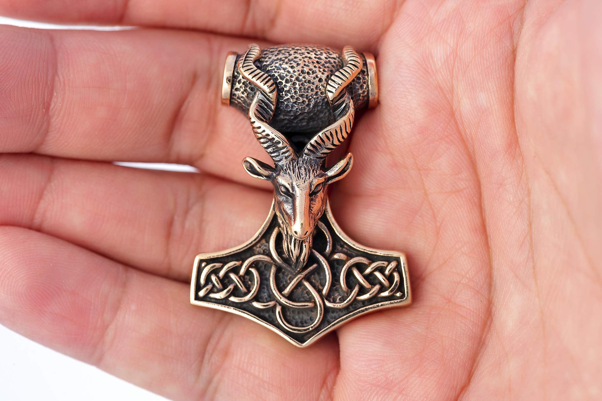 SilverMania925 Handcrafted Bronze Thor Hammer Mjolnir Viking Ram Goat Knotwork Amulet Pendant
