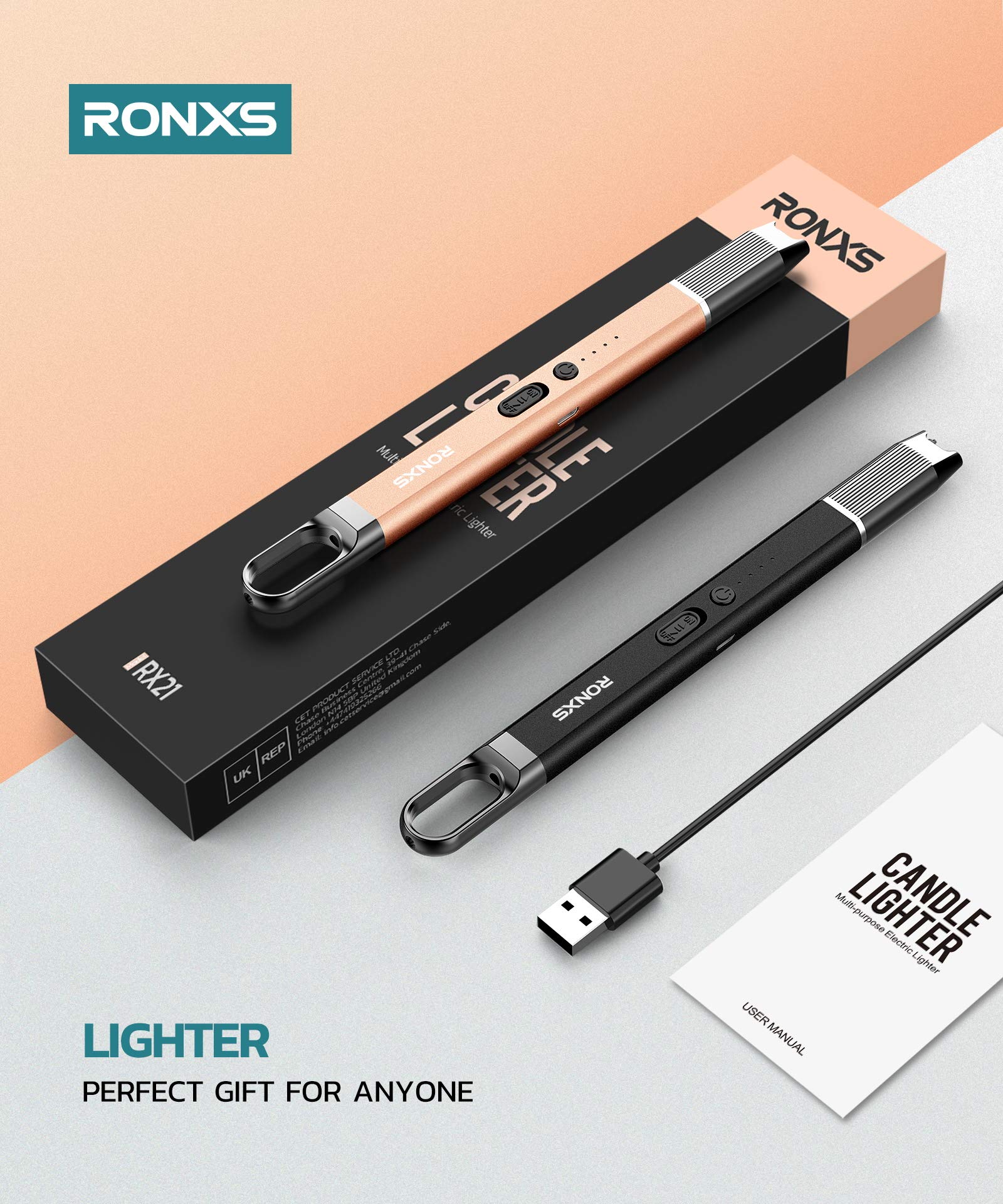 RONXS Electric Lighter, Candle Lighter with Safety Lock Windproof Flamless Arc Rechargeable Long Lighter with Battery Indicator (Black&Champagne 2pcs)