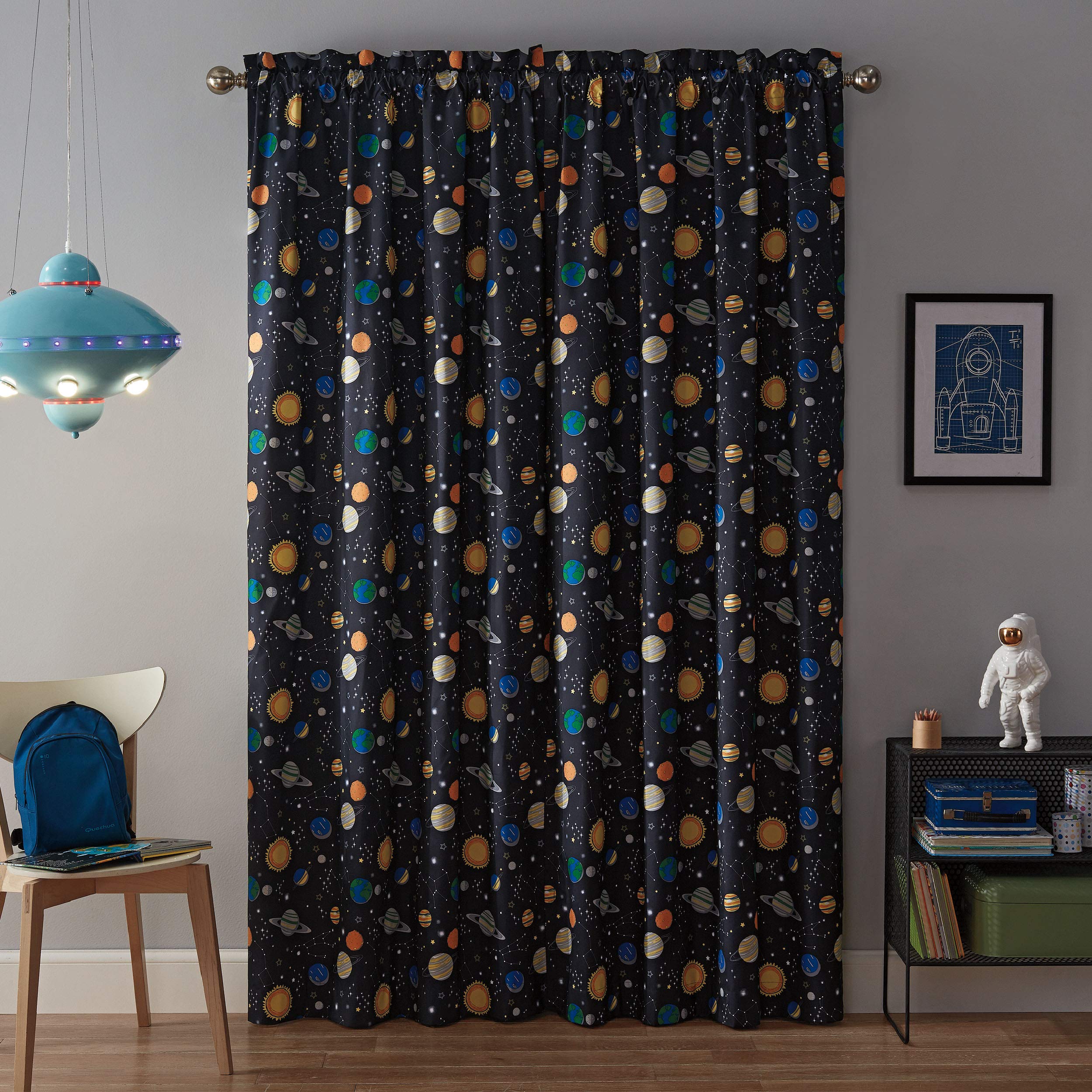 Waverly Kids Space Adventure Room Darkening Thermal Insulated Rod Pocket Curtains for Bedroom Nursery, Single Panel, 42" x 84", Navy