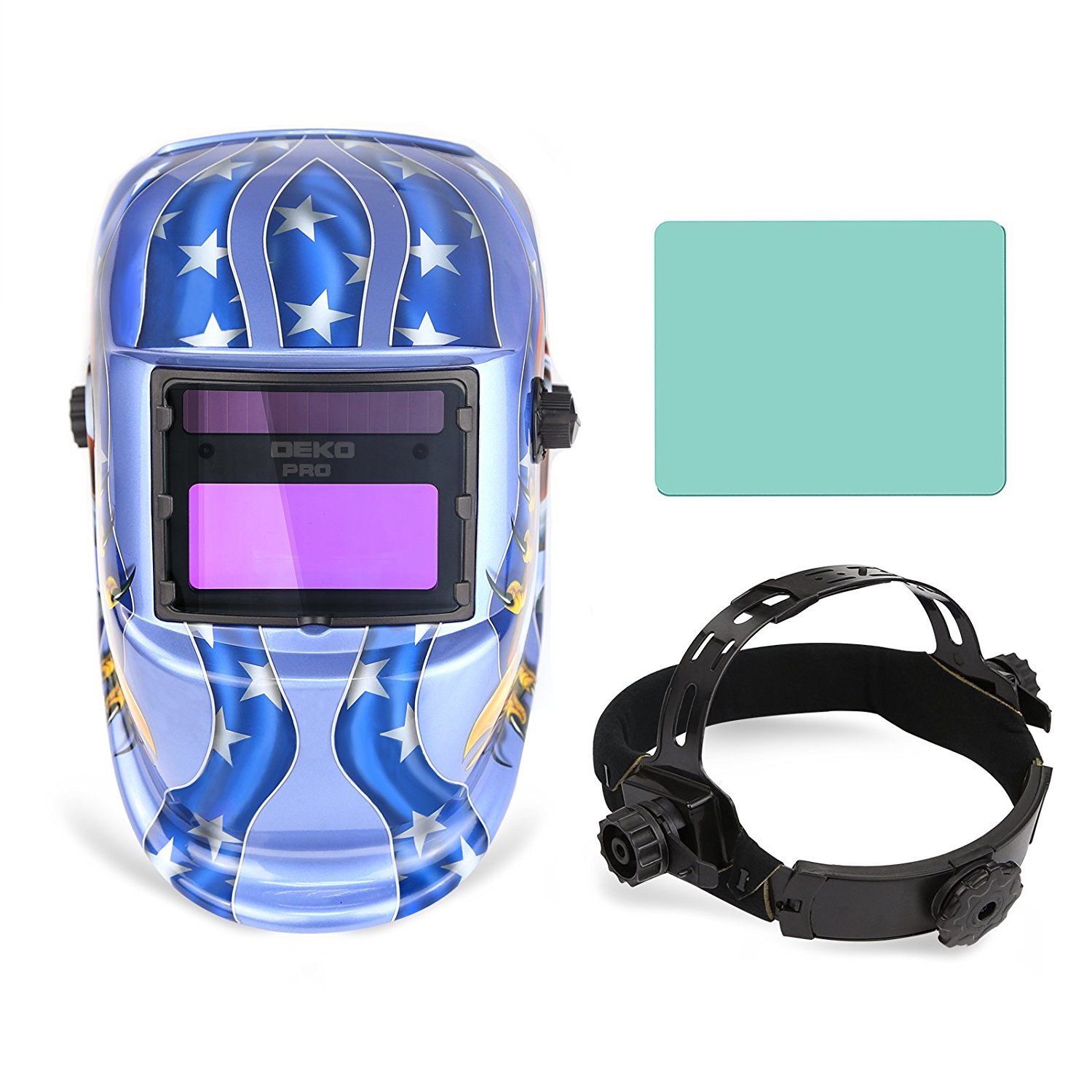 Solar Power Auto Darkening Welding Helmet Blue Eagle Design with Wide Lens Adjustable Shade Range 4/9-13 for Mig Tig Arc Weld Grinding Welder Mask