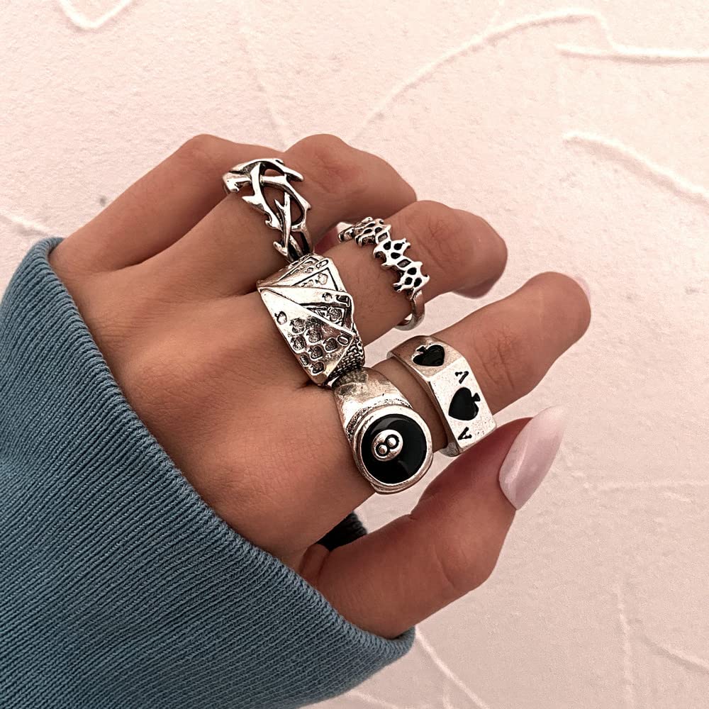 ZMANYIJEW Silver Men Ladies Rings Set, Adjustable Rings, Cross Rings, Twist Rings, Billiard Rings, Solitaire Rings, Cool Gothic Rings, Silver Pearl Simple Line Stackable Ring Sets (19pcs, Alloy)