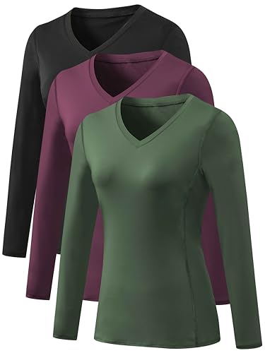 Women's 3 Pack Dry Fit Athletic tightfitting V-neck Long Sleeve,Black,Wine Red,Dark Green,Large
