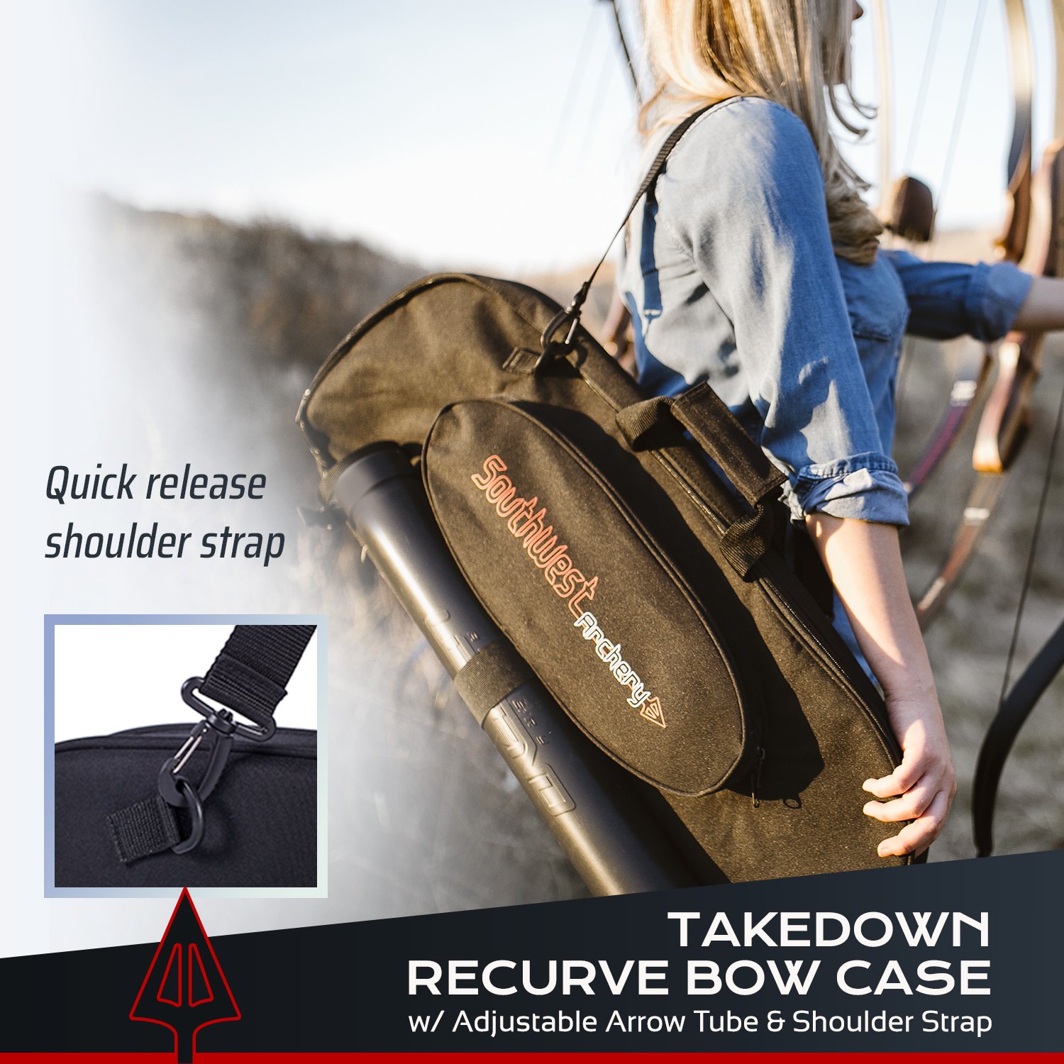 Southwest Archery Universal Takedown Recurve Bow Case | Fully padded foam case includes adjustable Arrow Tube and Large Outside Pocket for Accessories - Perfect for travel