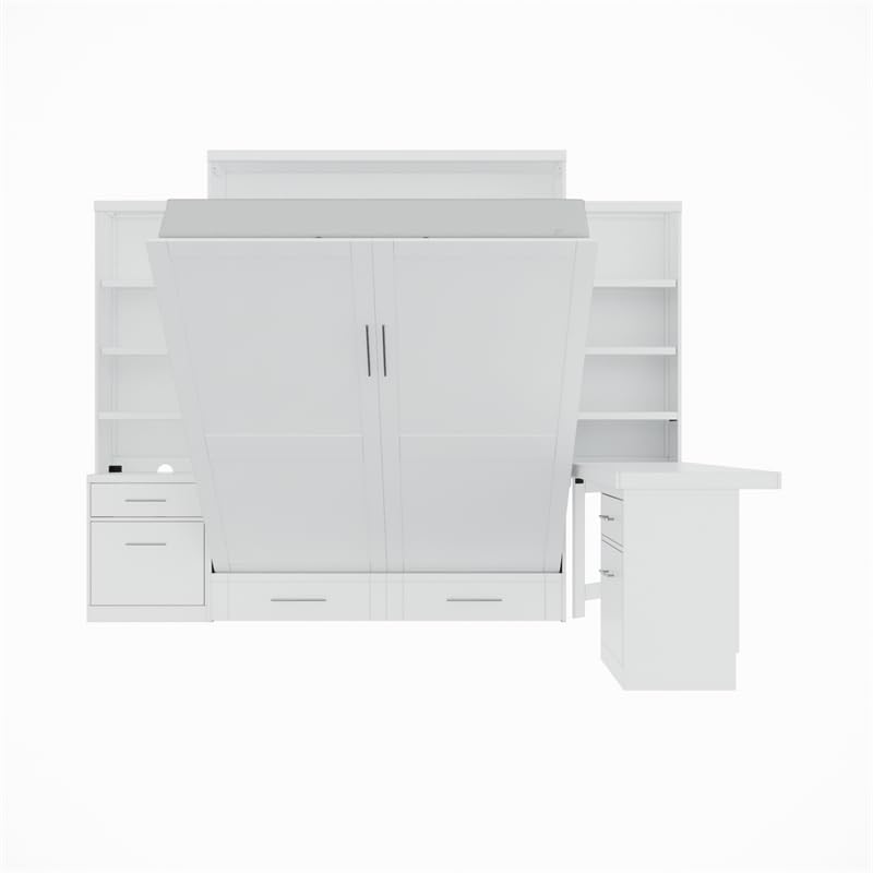 RoomAndLoft Queen Size Murphy Wall Bed in Solid Wood, with Storage and Shelves in White, No Box Spring Needed, Easy Assembly, Up to weight capacity