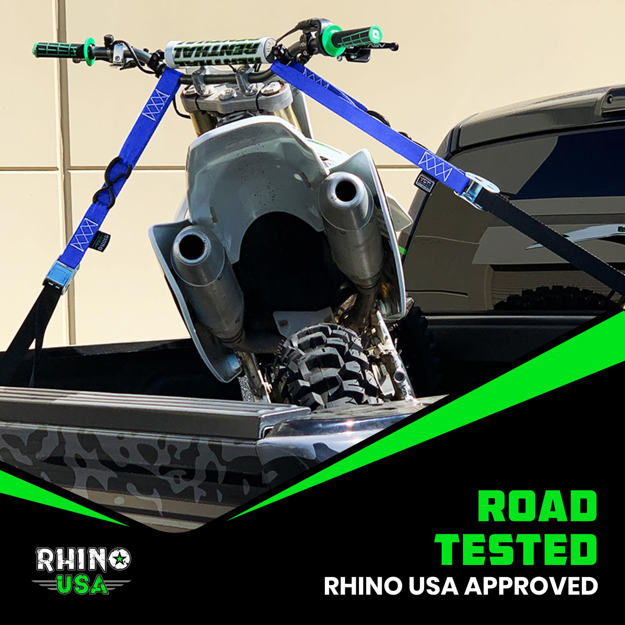 Rhino USA Motorcycle Tie Down Straps (2 Pack) Lab Tested 3,328lb Break Strength, Steel Cambuckle Tiedown Set with Integrated Soft Loops - Better Than a Ratchet Strap (Black 2-Pack)
