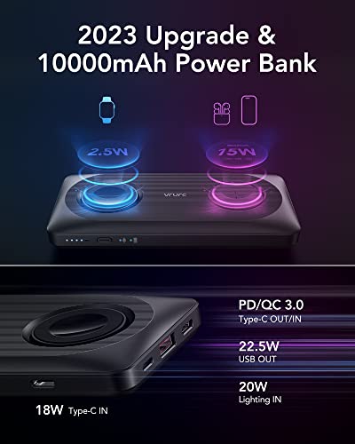 VRURC Wireless Portable Charger, 10000mAh Magnetic Power Bank, 3 in 1 Charger, 22.5W Fast Charing Battery Pack, 3 inputs 4 outputs Compatible with iPhone 15/14/13, iWatch 8/7/6, AirPods Pro/2 - Black