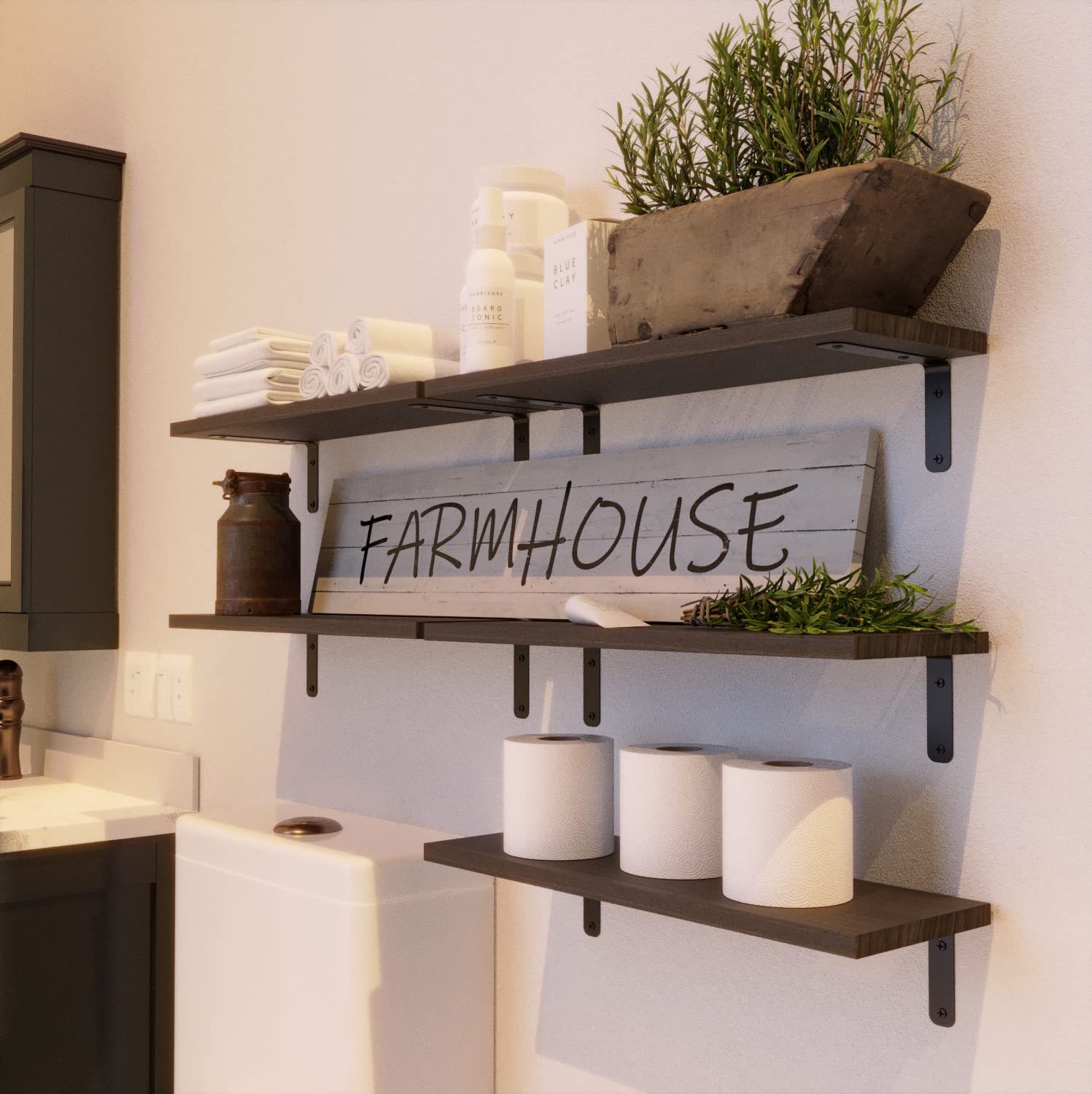RICHER HOUSE Floating Shelves for Wall Décor, Rustic Wood Wall Shelves for Bedroom Set of 5, Farmhouse Shelf for Bathroom, Hanging Shelves for Storage, Wall Mounted - Deep Brown