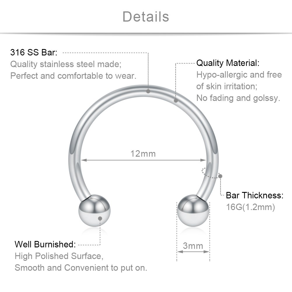 SCERRING 8PCS 16G Stainless Steel Nose Septum Horseshoe Earring Eyebrow Septum Lip Helix Tragus Cartilage Piercing Ring 6mm,8mm,10mm,12mm - Silver